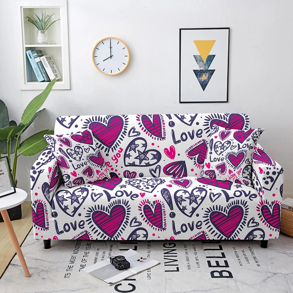 Elastic Sofa Cover for Living Room 3D Love Heart Print Slipcover ...