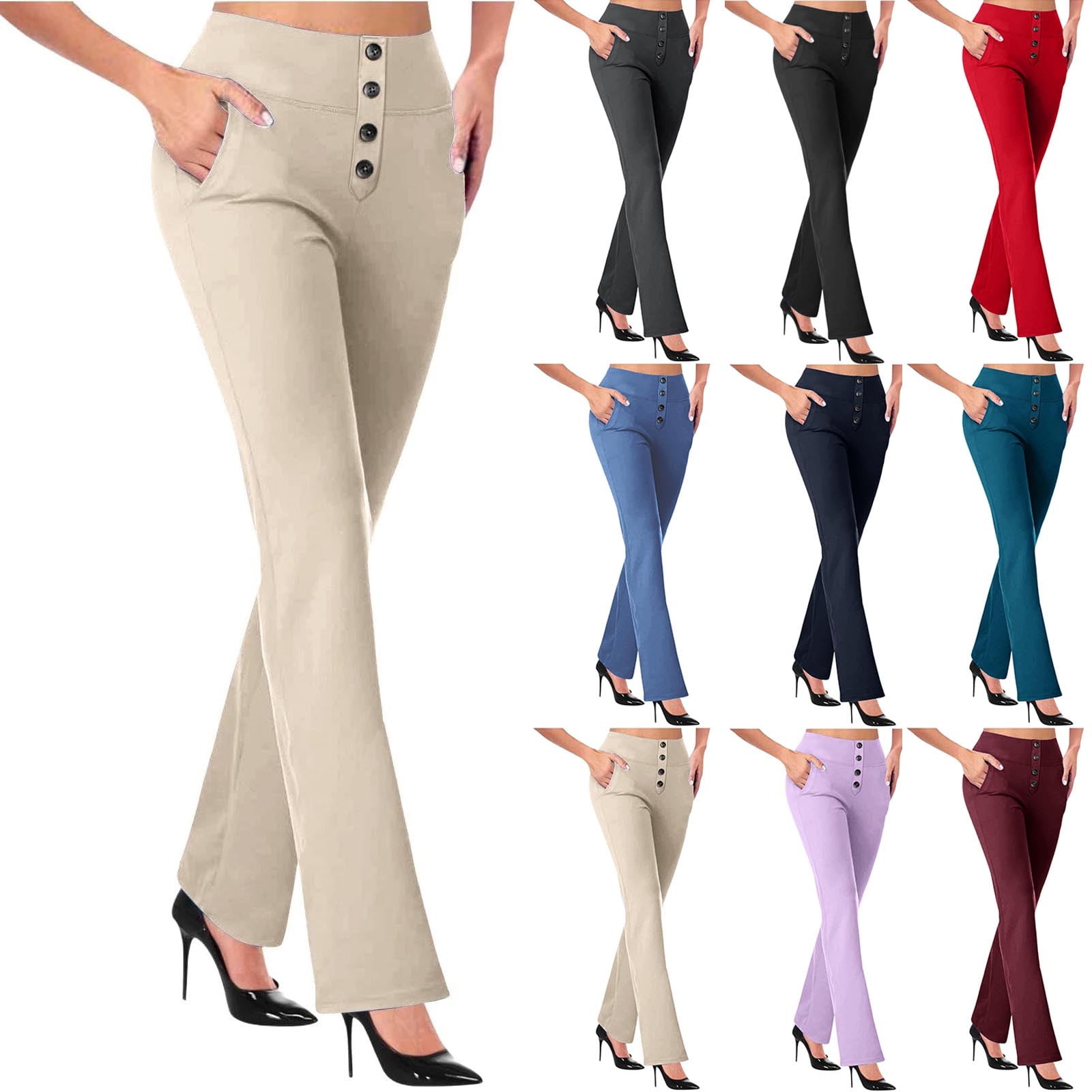 Elastic Waist Button Pocket Pants Women's Sport Casual Yoga Pants ...
