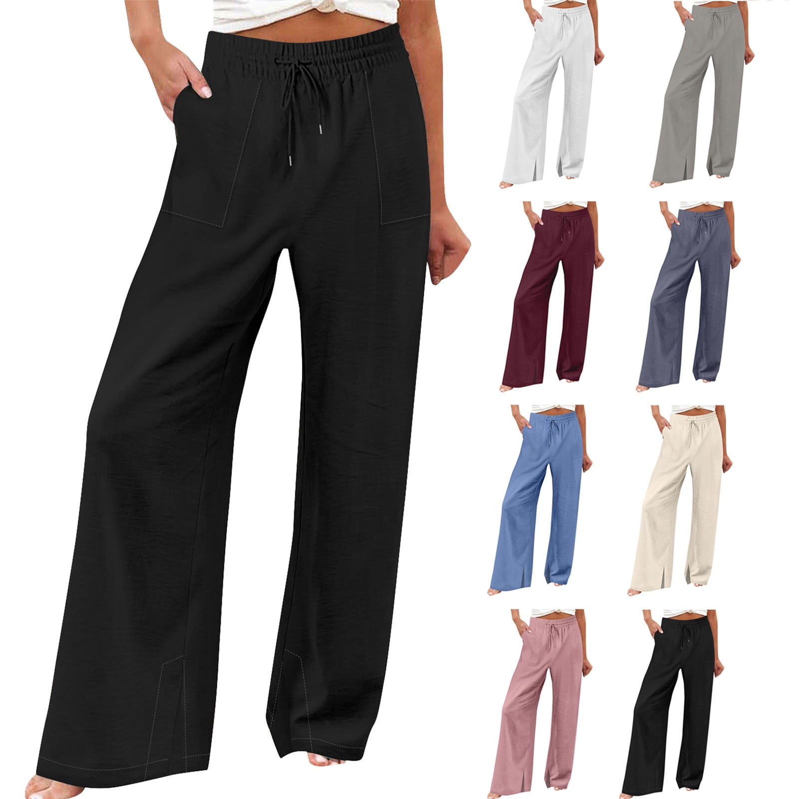 Elastic Waist Casual Pants with Pockets, Bandage Split Hem Full Length ...
