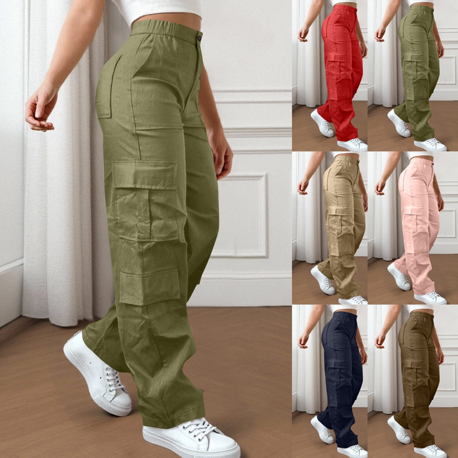 Elastic Waist Casual Pants for Women with Pockets, Solid Color Full ...