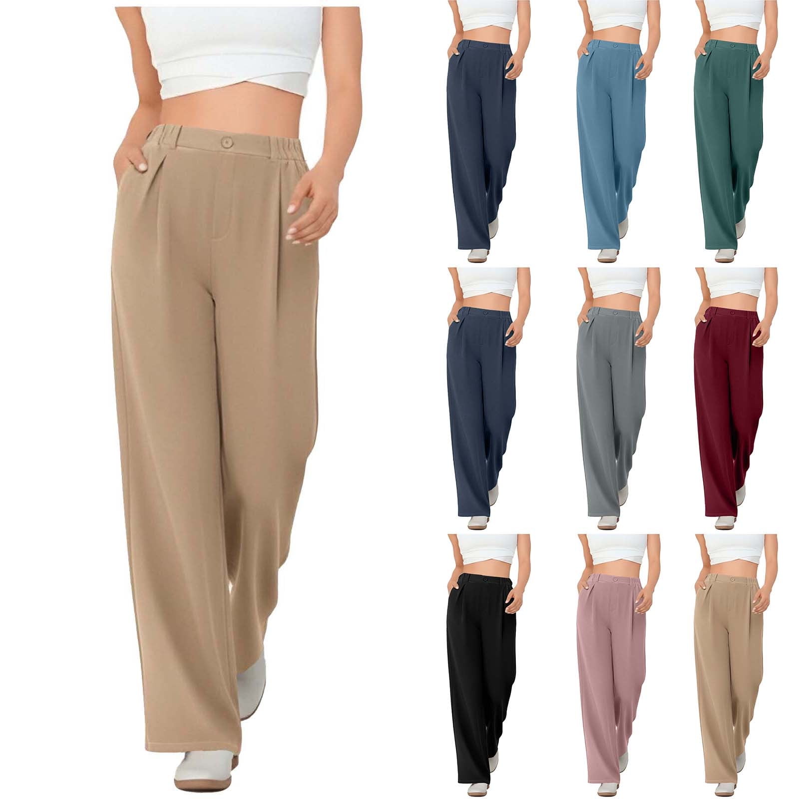 Elastic Waist Fold Long Pants with Pockets, High Waisted Wide Leg Trousers, Solid Color Casual ...