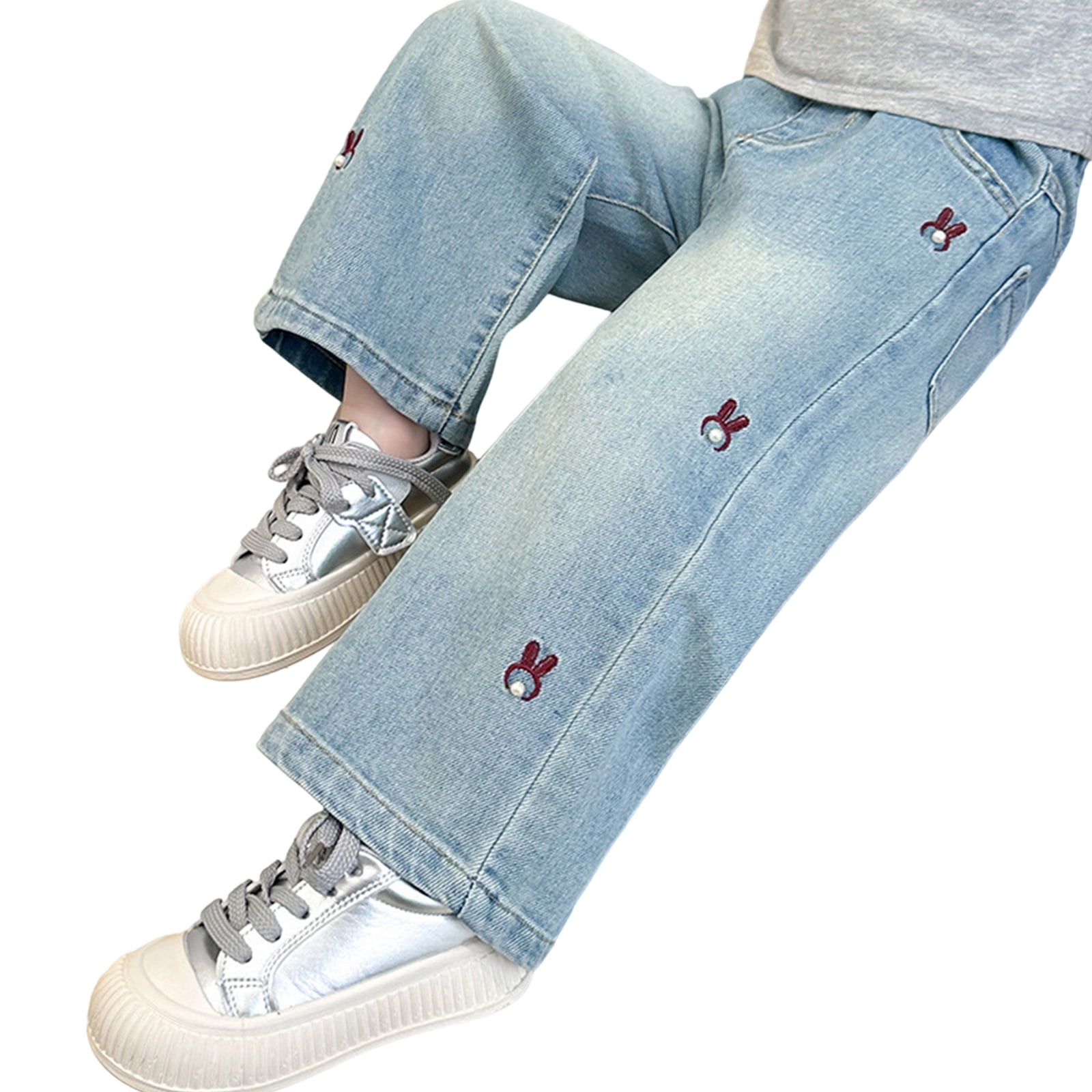 Elastic Waist Girls' Wide-Leg Jeans | All-Weather Soft Fabric for ...
