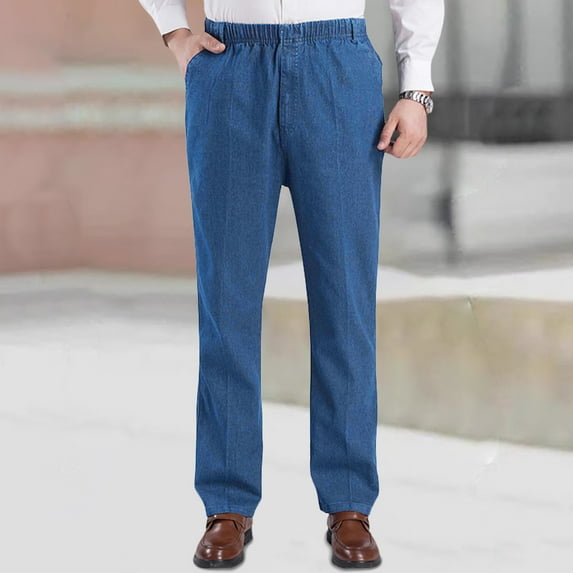 Elastic Waist Jeans for Men Stretch Straight Leg Pull On Denim Pants ...