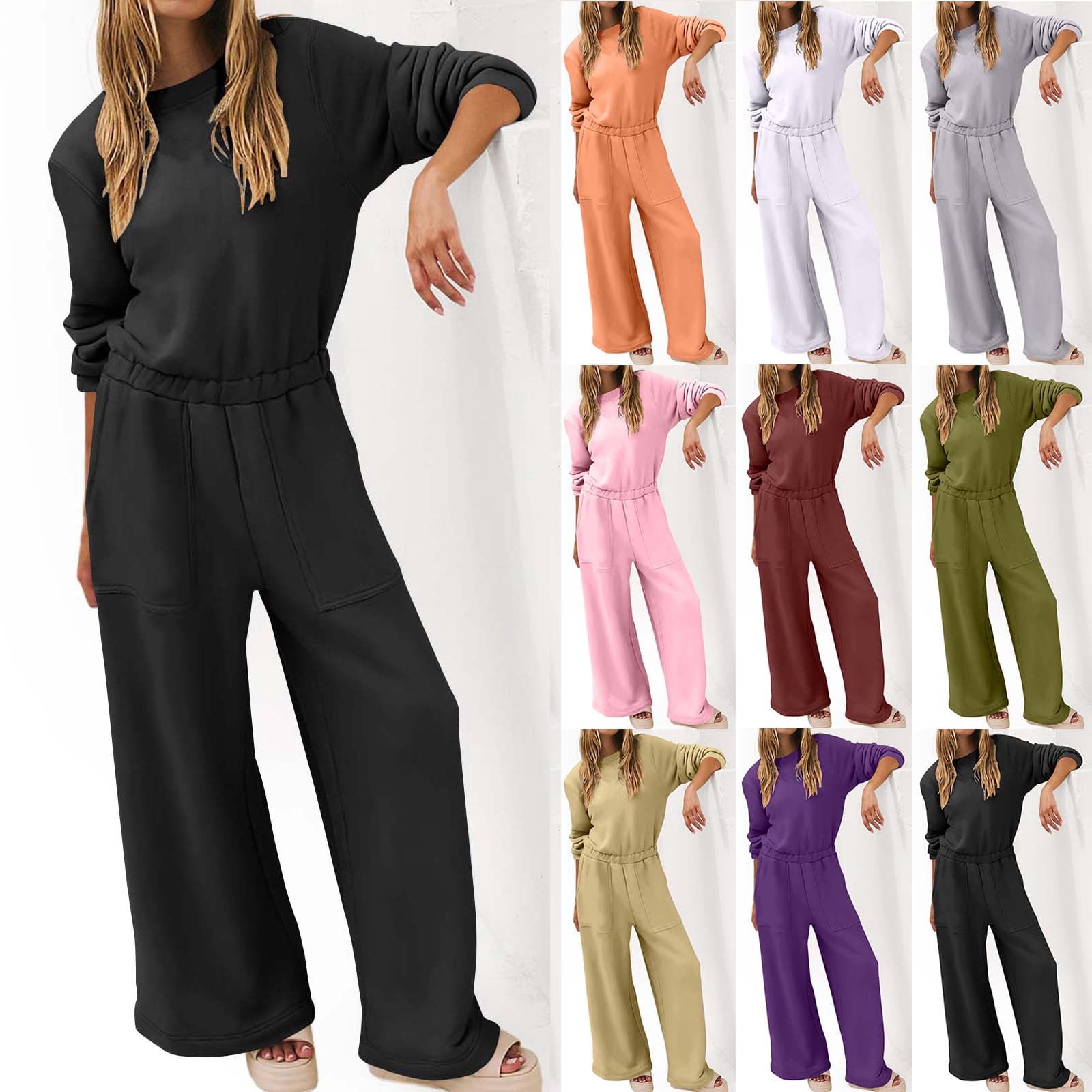 Elastic Waist Jumpsuit with Pockets, Women's Solid Color Round Neck ...