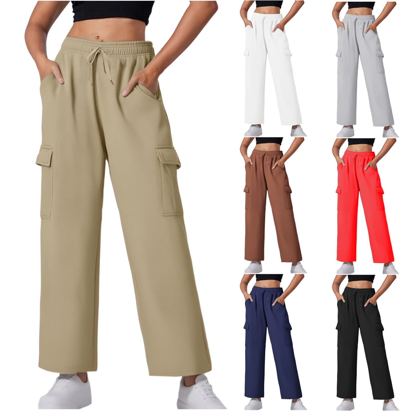 Elastic Waist Pocket Pants Women's Baggy Wide Leg Casual Trousers ...