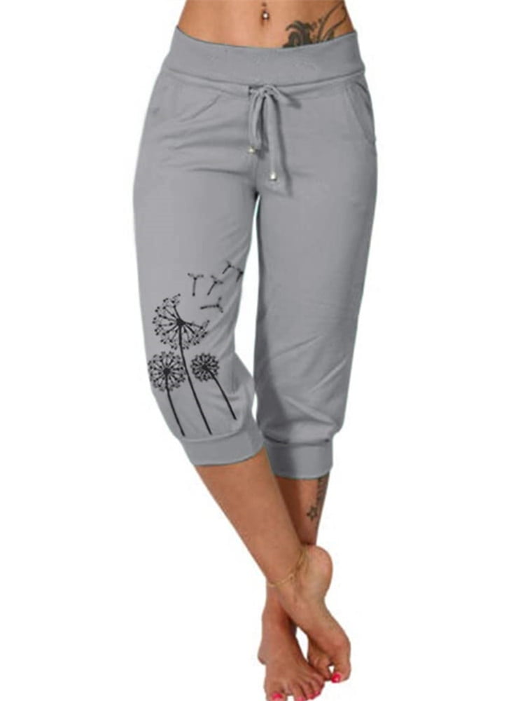 Women's Elastic Waist Dandelion Print Capris, Loose Drawstring Joggers ...