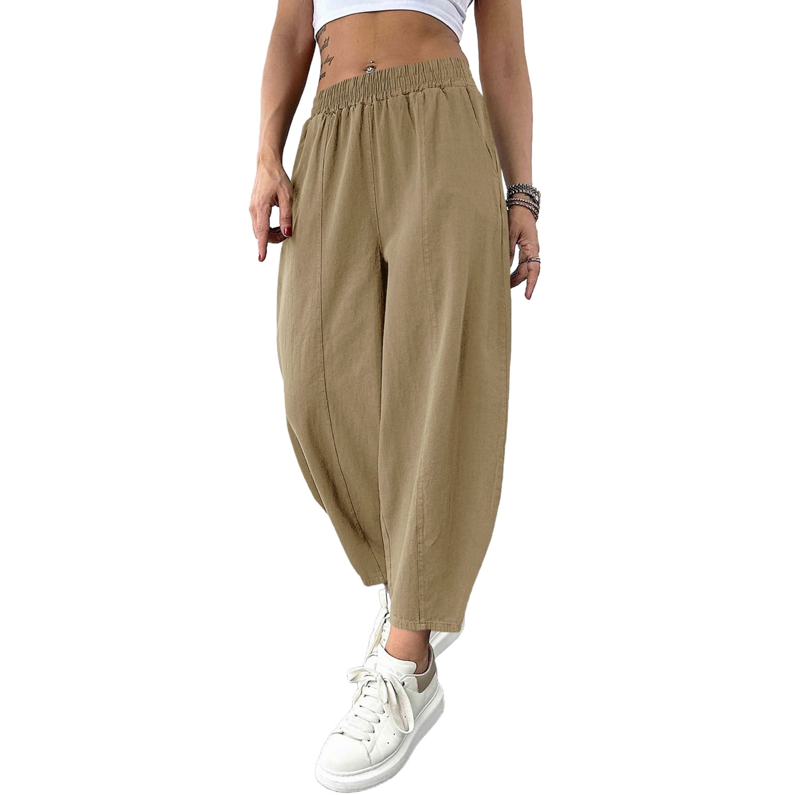 Elastic Waist Solid Color Women Casual Ankle Pants High Waist Baggy ...
