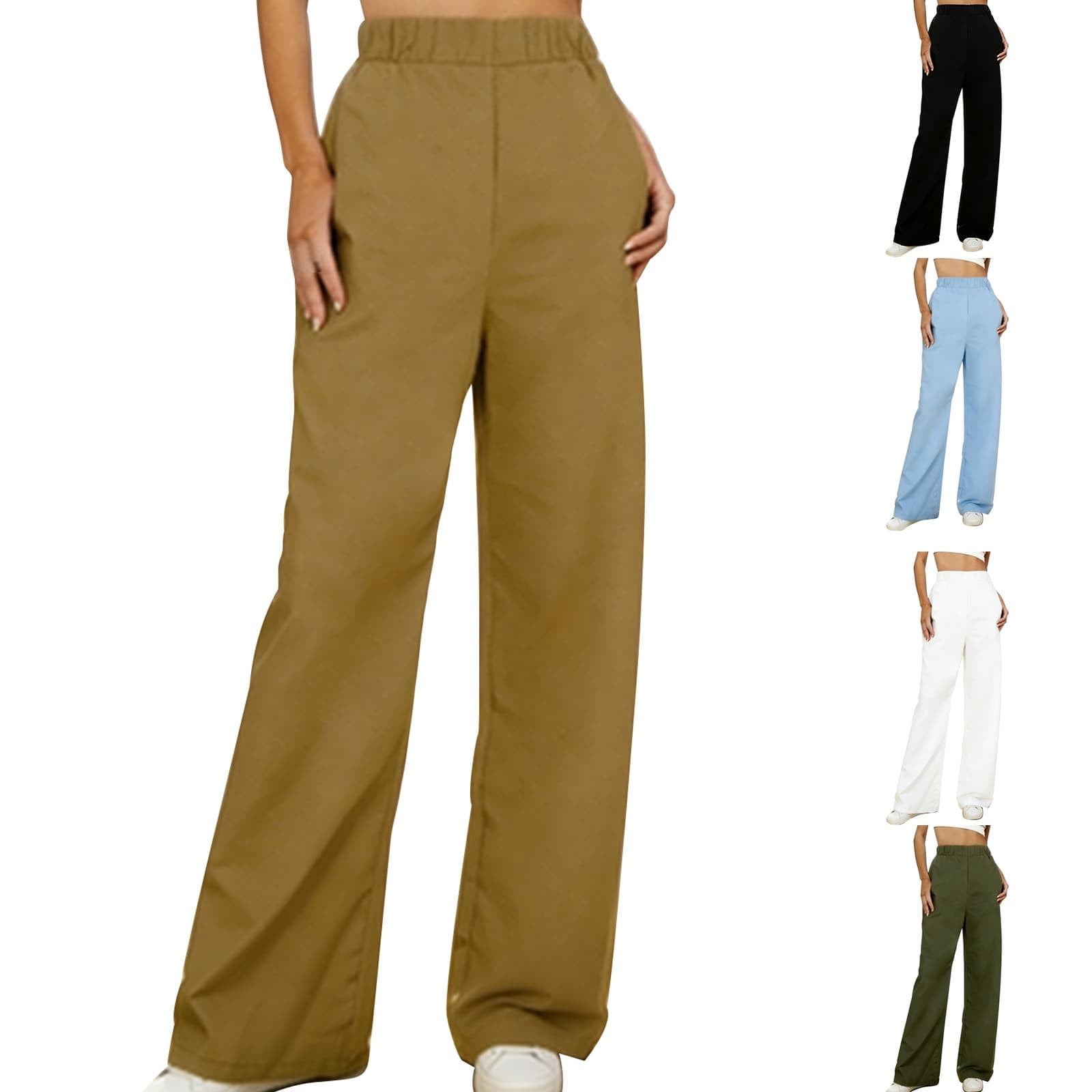 Elastic Waist Trousers Women's Loose Fit Casual Twill Pants, High ...