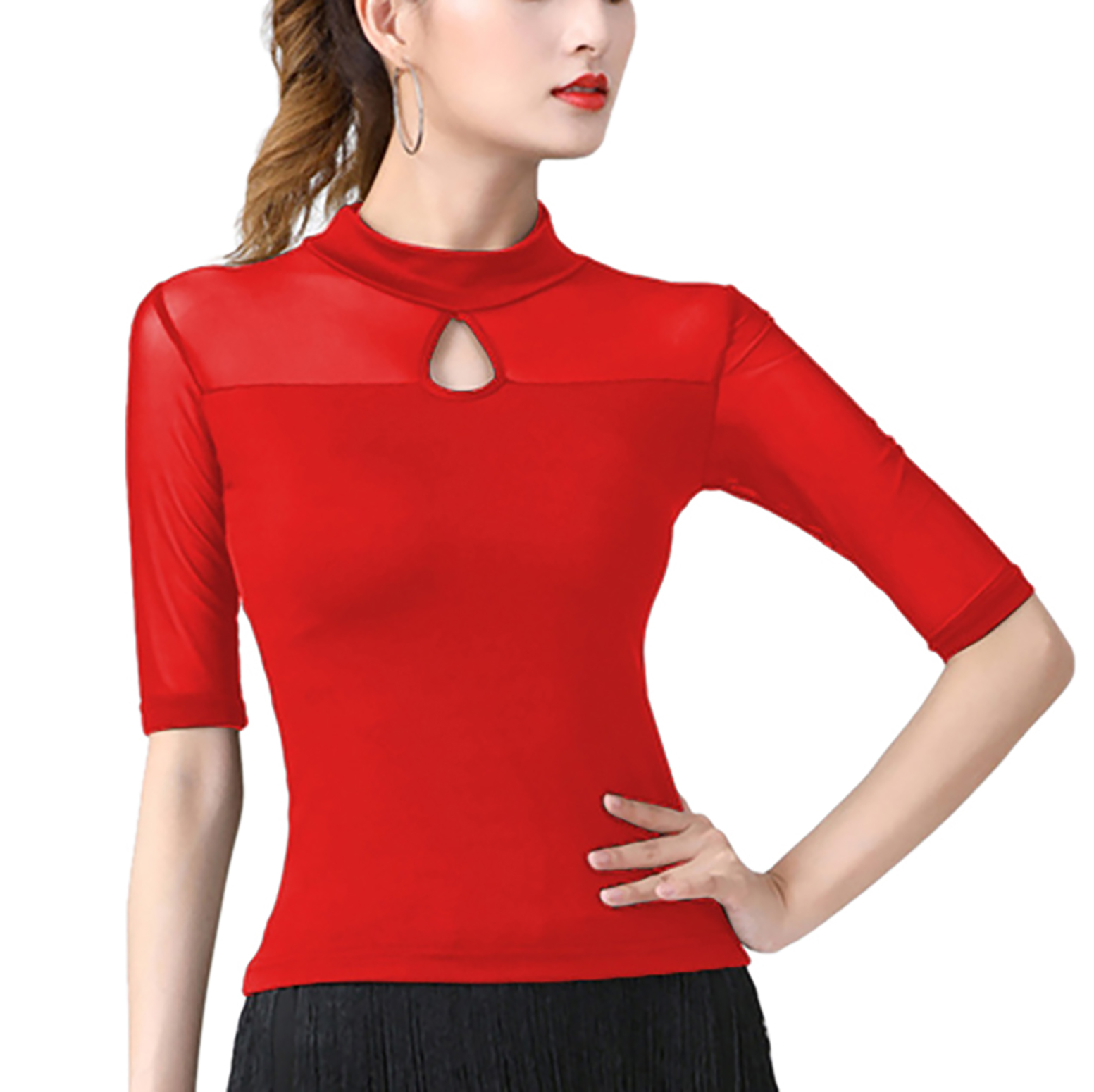 Elbow Sleeve Mesh Yoke Half Sleeve Women Ladies Latin Ballroom Dance ...