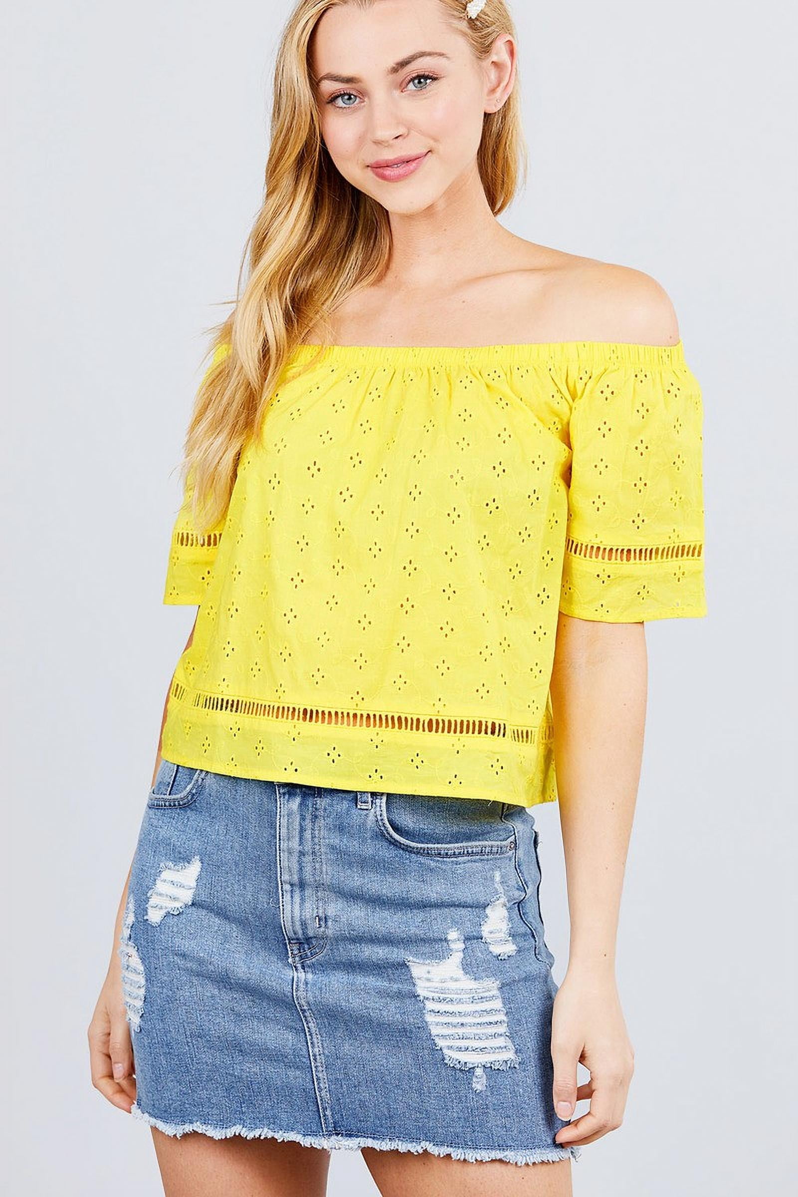 Elbow Sleeve Off The Shoulder Lace Trim Eyelet Detail Woven Top ...