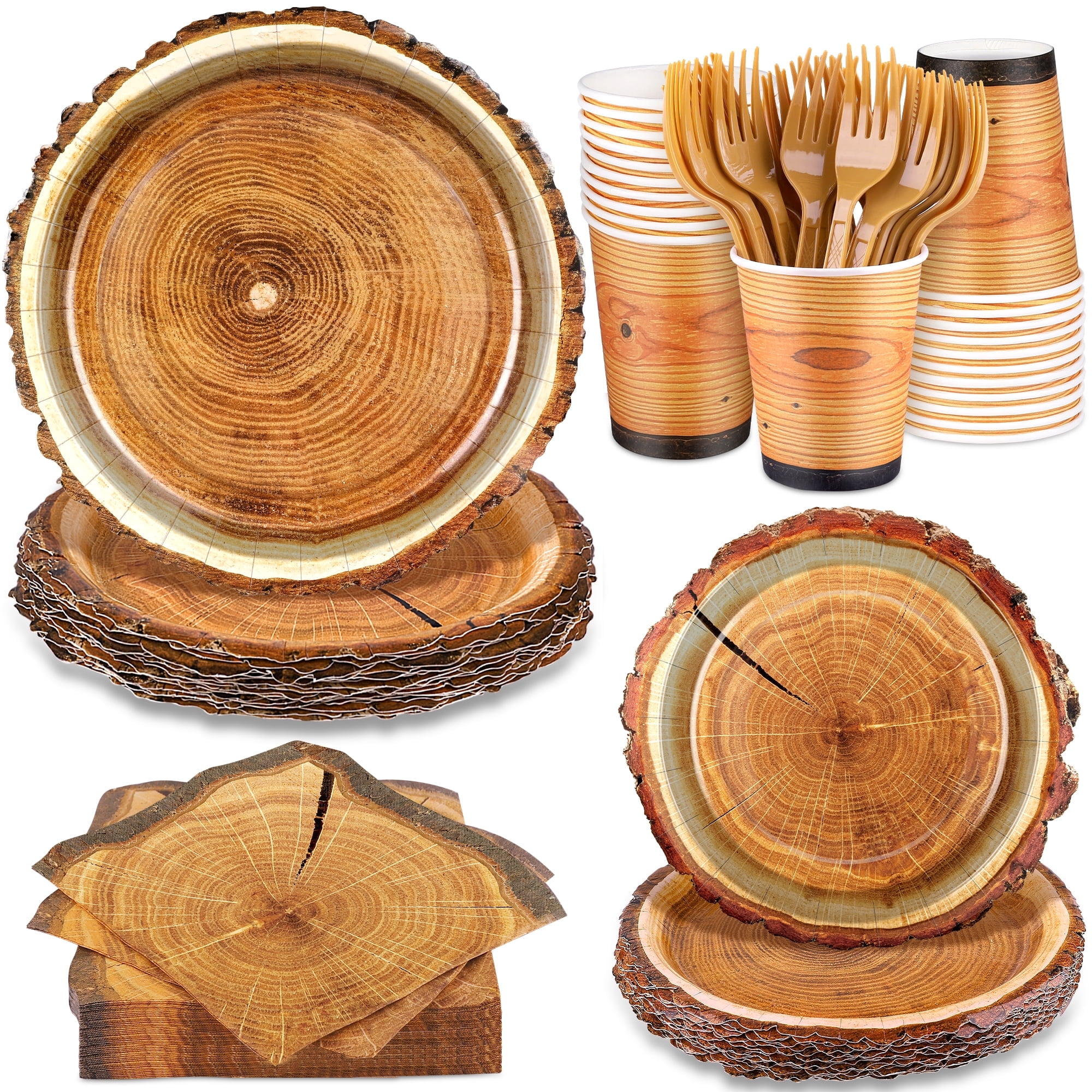 Elcoho 144 Pieces Camping Wood Grain Slice Dinnerware Set Serve 24 ...