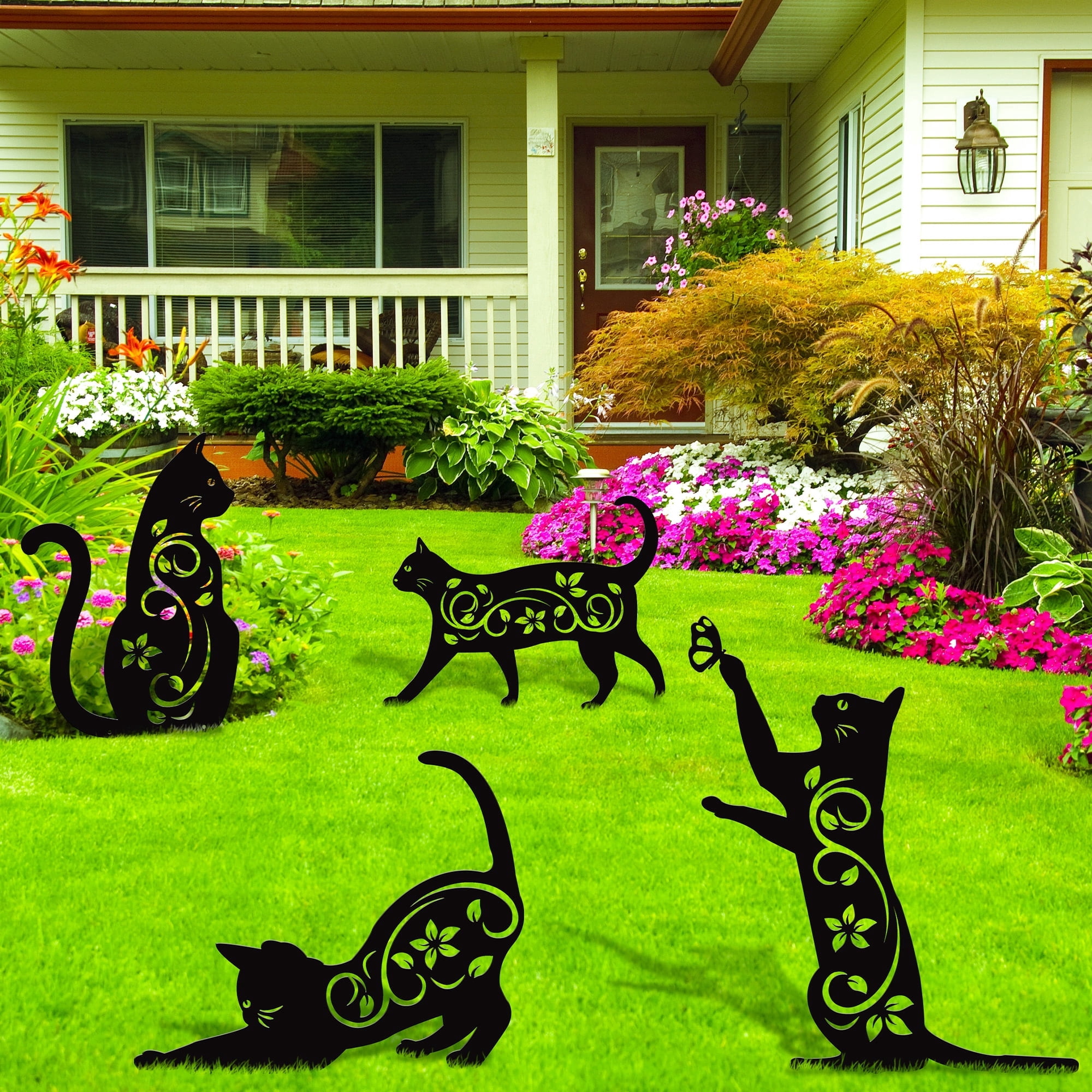 Elcoho 4 Pieces Metal Cat Garden Statues Black Cat Silhouette ...