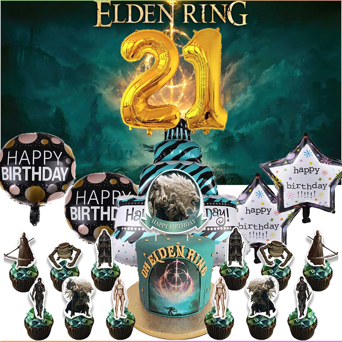 Elden Ring Party Supplies Decor 21th Kit Balloons Birthday Cake Topper ...