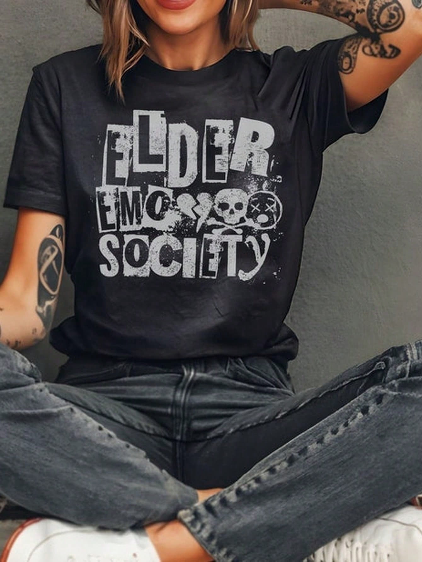 Elder Emo Society Graphic T-Shirt, Alternative Goth Punk Style Short ...