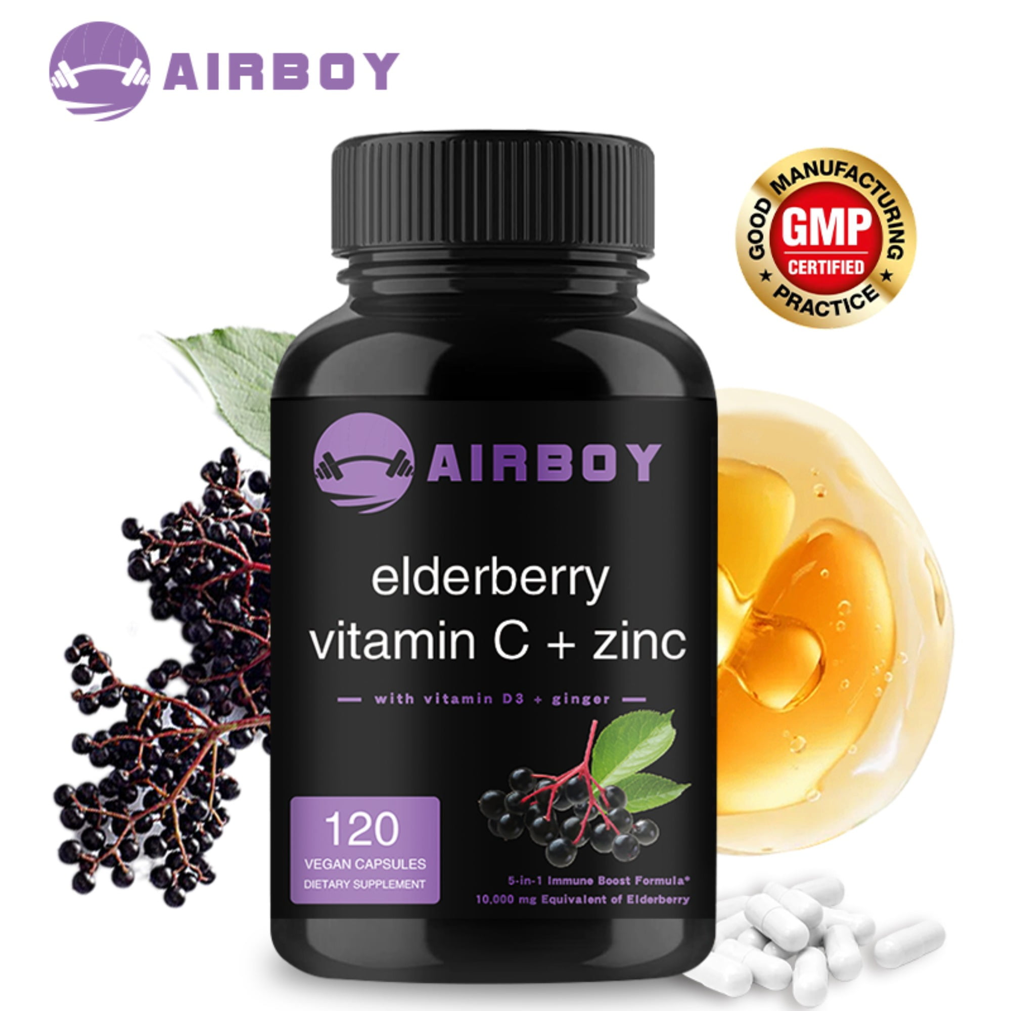 Elderberry Vitamin C + Zinc - Vitamin D3, Ginger - Antioxidant, Immune System Booster Support ...