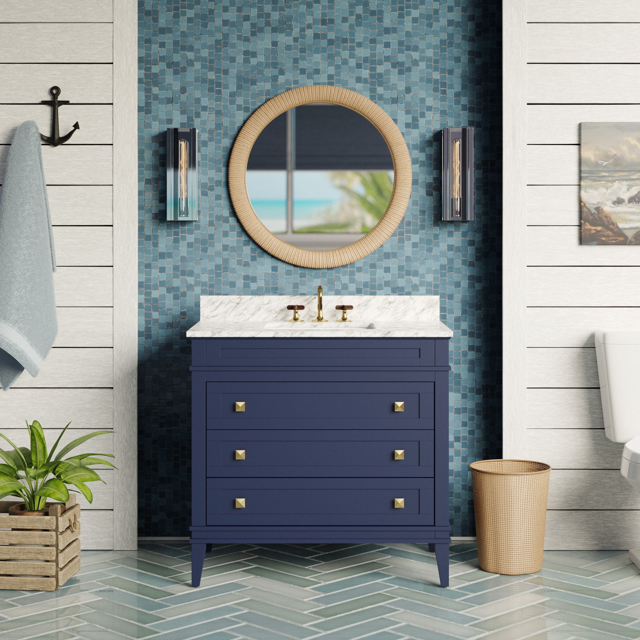Eleanor 36" Bathroom Vanity with Royal Blue Cabinet and Carrara Marble ...