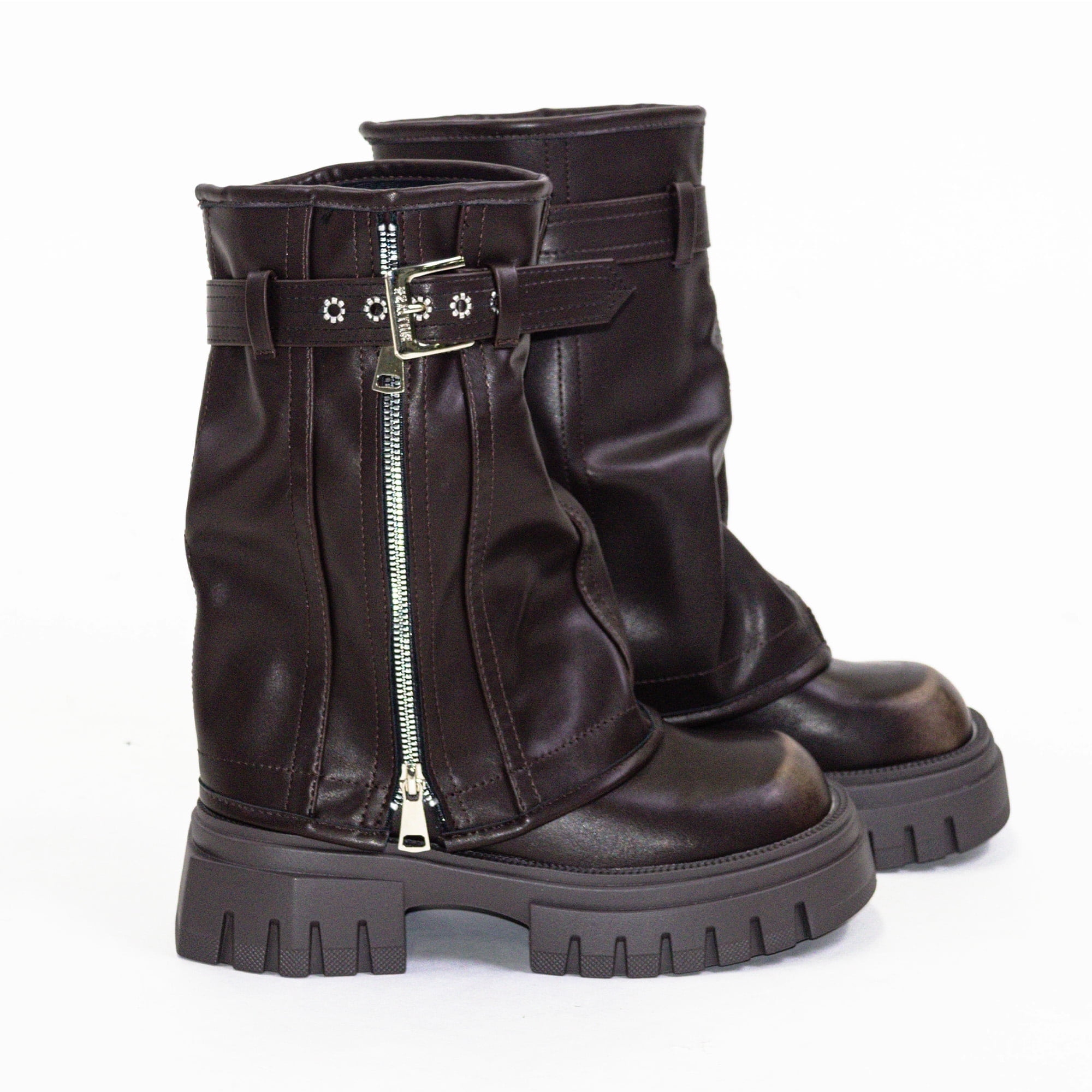 Elecsop Mid Calf Boots for Women Platform Fold Over Biker, Retro Belt ...