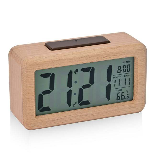 Electime Wooden Digital Alarm Clock with Smart Sensor Night Light, Month, Date, Temperature and ...
