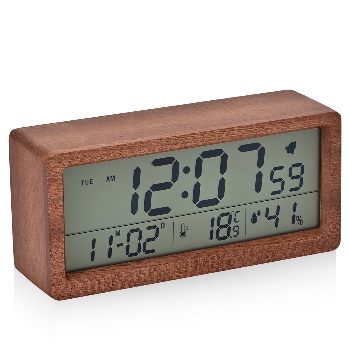 Electime Wooden Digital Alarm Clock with Date, Day, Temp, Humidity ...