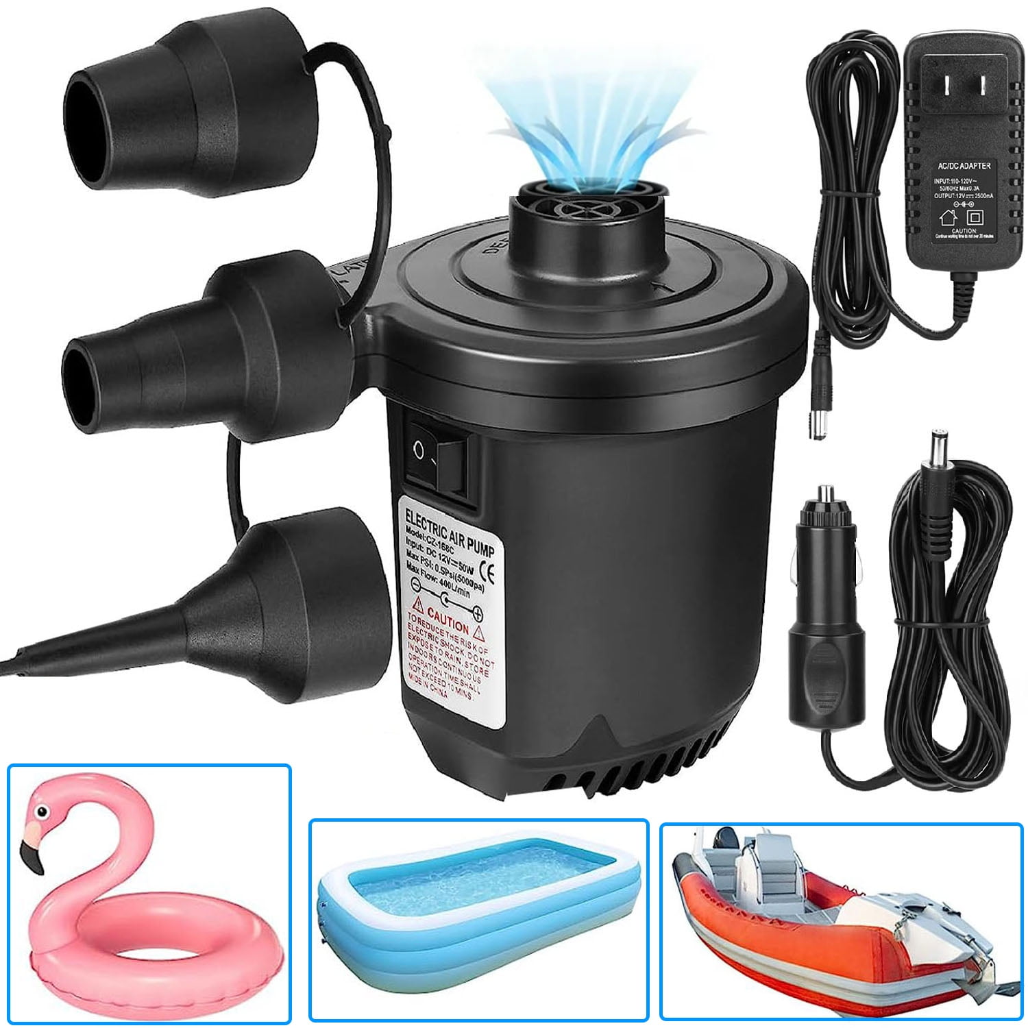 Electric Air Pump Air Mattress Portable Quick-Fill Air Pump with 3 Nozzles, 110V AC/12V DC ...