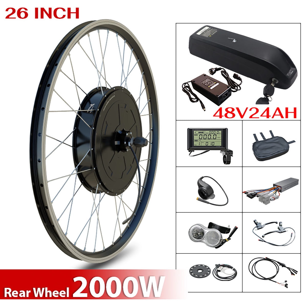 Electric Bike Conversion Kit with Battery, 48V 2000W 26" Rear Wheel ...