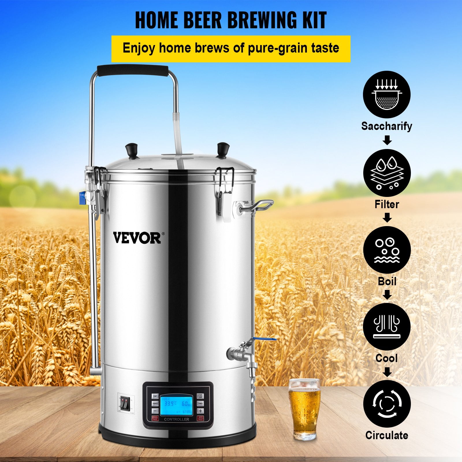 Electric Brewing System 9.2 Gal/35 L Brewing Pot All-in-One Home Beer Brewer w/Pump Mash Boil ...
