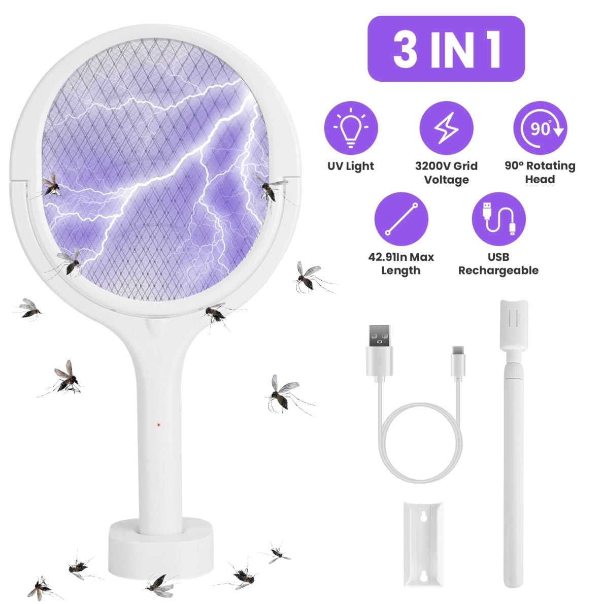 Electric Bug Zapper Racket,3 in 1 Bug Zapper with USB and Base and a ...