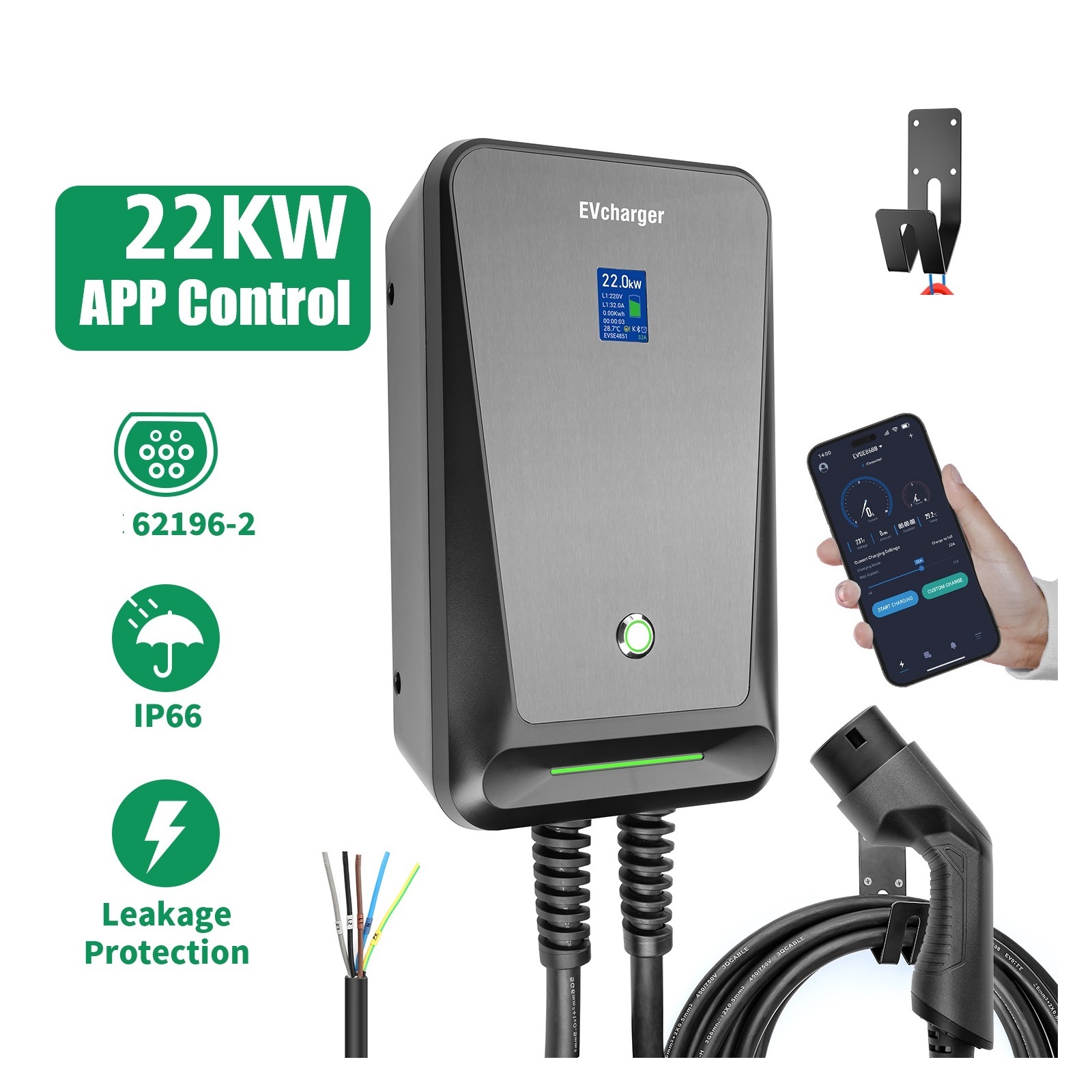 Electric Car Charger, EV Charger Type 2 APP Control 32A 3 Phase Electric Vehicle Car Charging ...