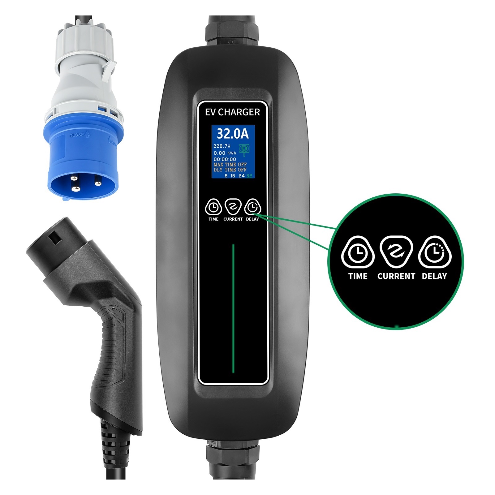 Electric Car Charger, EV Charger Type 2 Switchable 8/16/24/32A 1 Phase Portable EV Charging Box ...