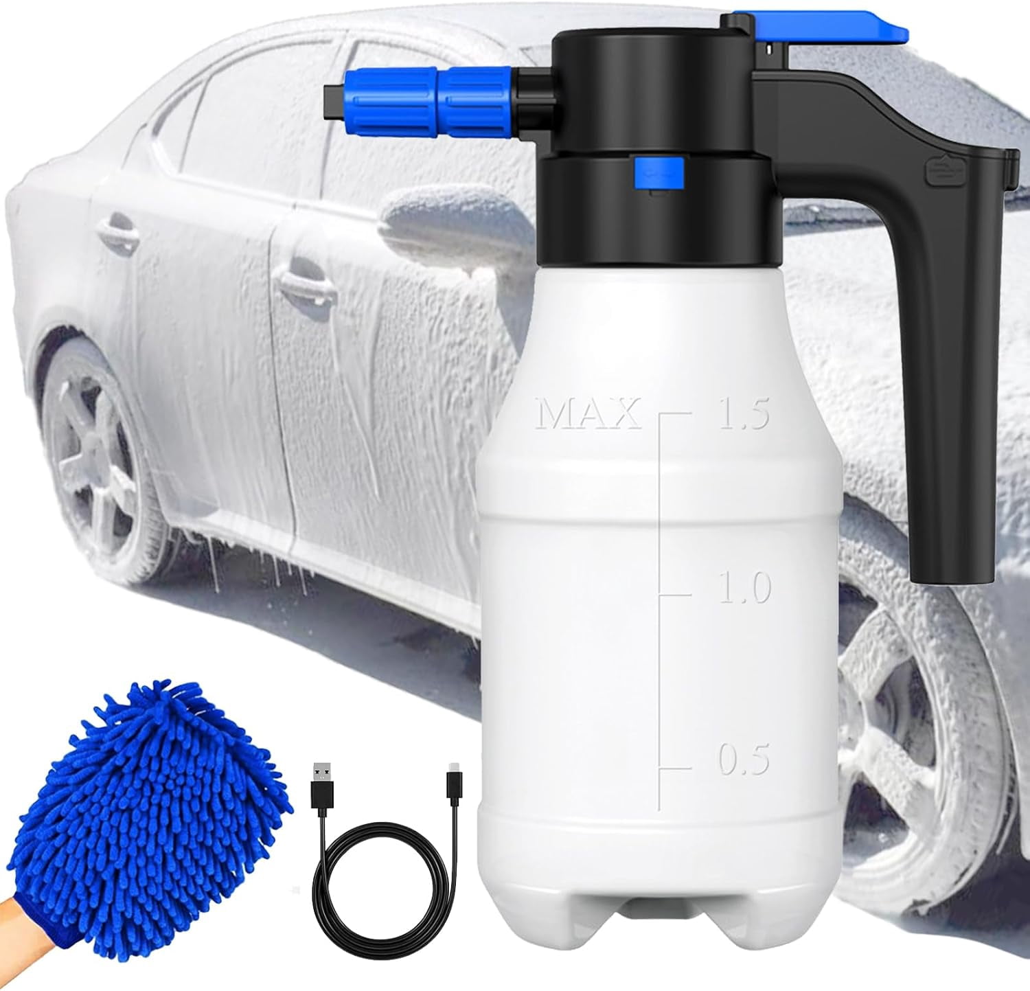 Electric Car Foam Sprayer with USB, Microfiber Wash Mitt -1.5 Liters ...