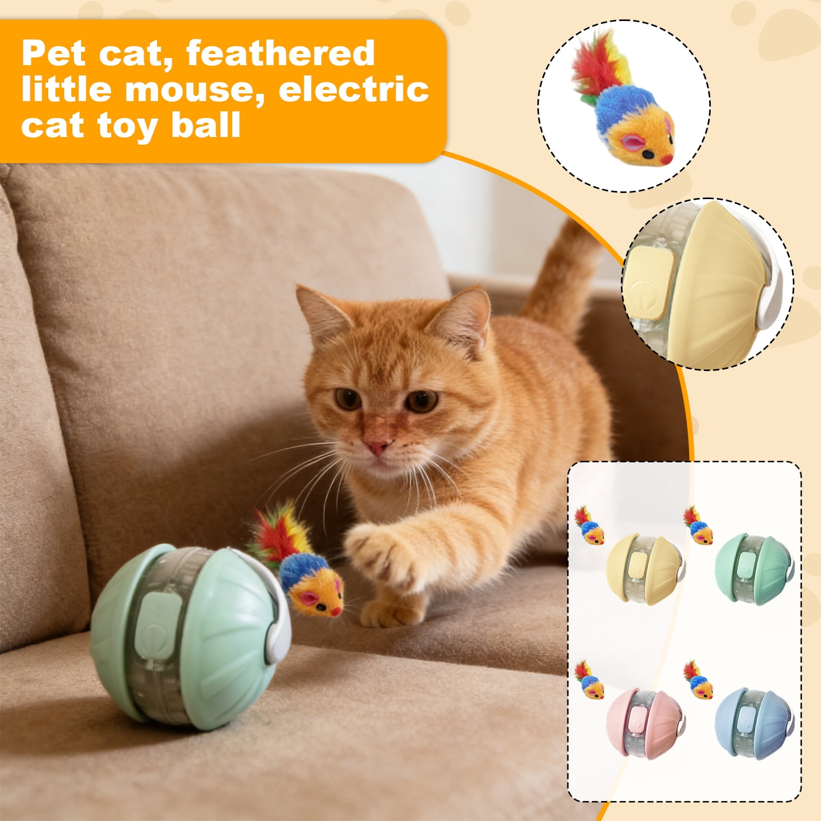 Electric Cat Toy Ball with Feather & Mouse - Automatic Interactive Pet ...