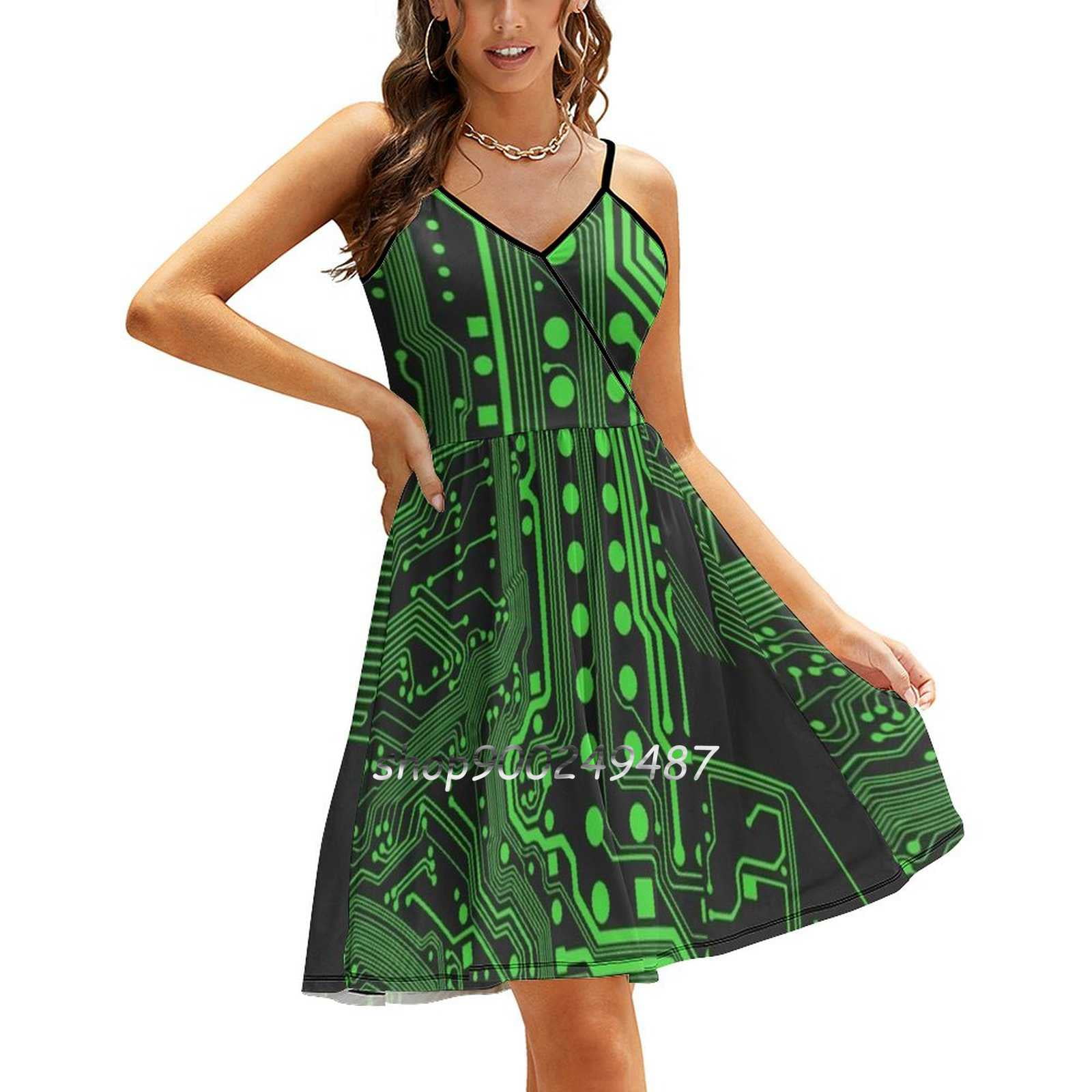 Electric Circuit Pattern Flare Dress Square Neck Dress Elegant Female ...