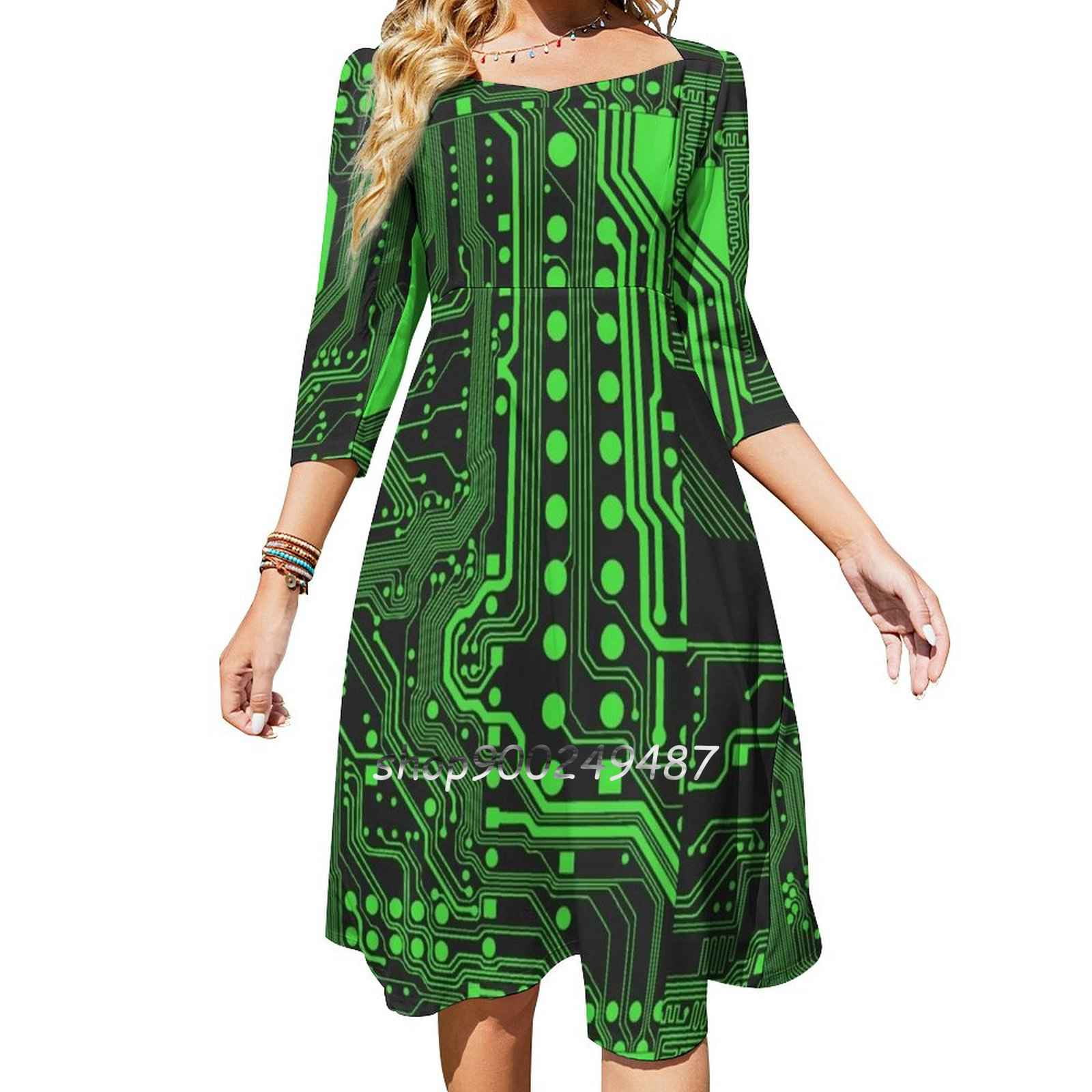 Electric Circuit Pattern Flare Dress Square Neck Dress Elegant Female ...