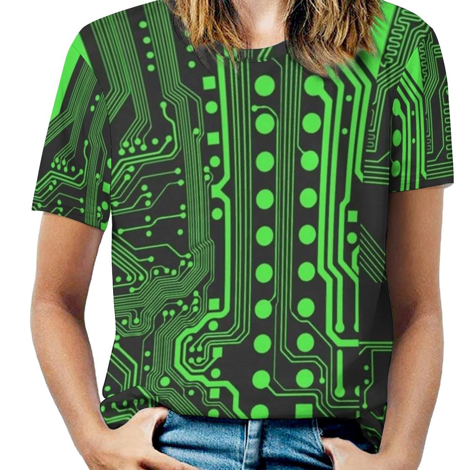 Electric Circuit Pattern New Fashion Zip Off Shoulder Top Short-Sleeve ...