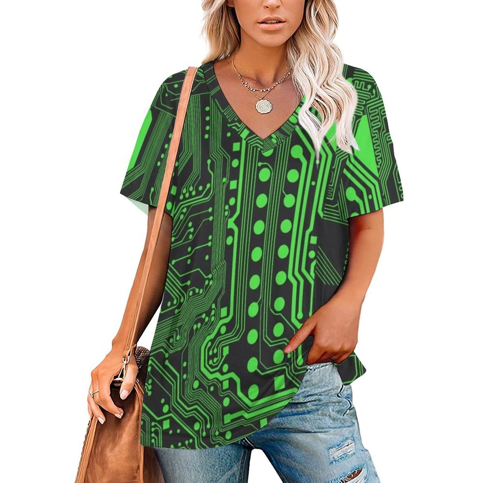 Electric Circuit Pattern New Fashion Zip Off Shoulder Top Short-Sleeve ...