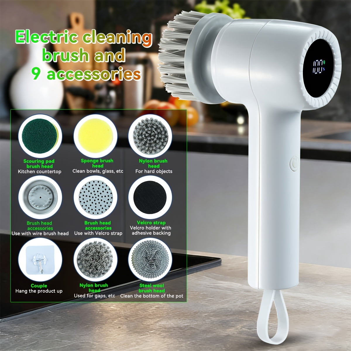 Electric Cleaning Brush with 9 Brush Heads and 2 Speeds, LED Display ...