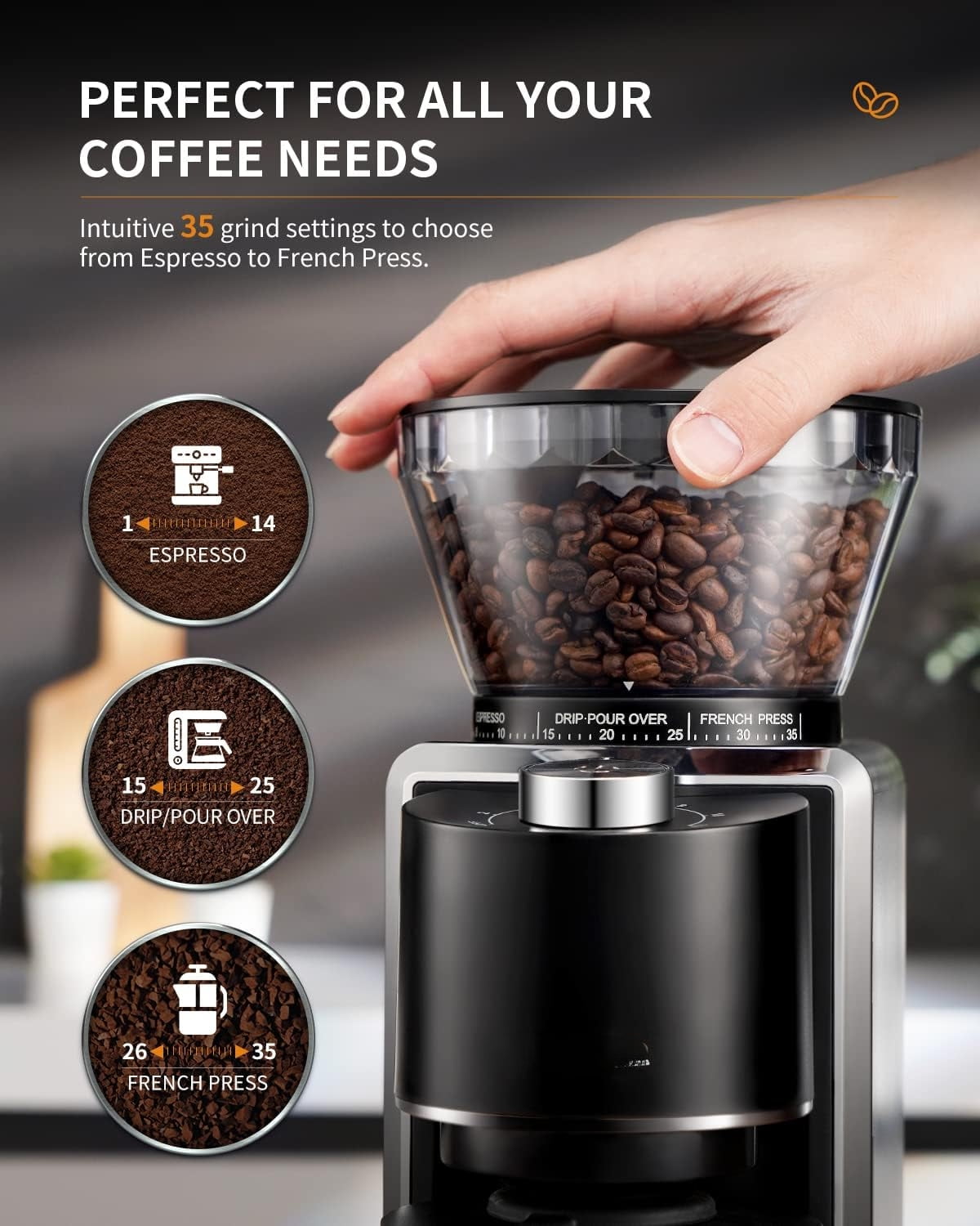 Electric Conical Burr Coffee Grinder, Adjustable Coffee Bean Grinder ...