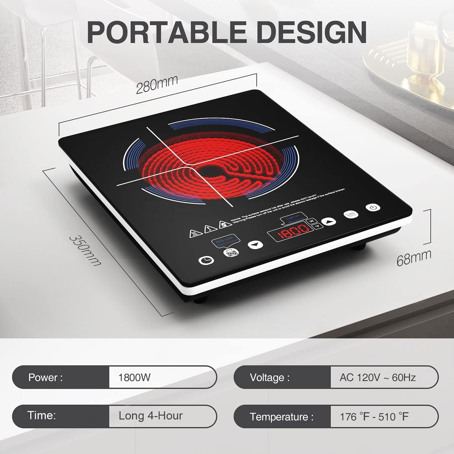 Electric Cooktop 110V, Single Burner Infrared Hot Plate 1800W, Black ...