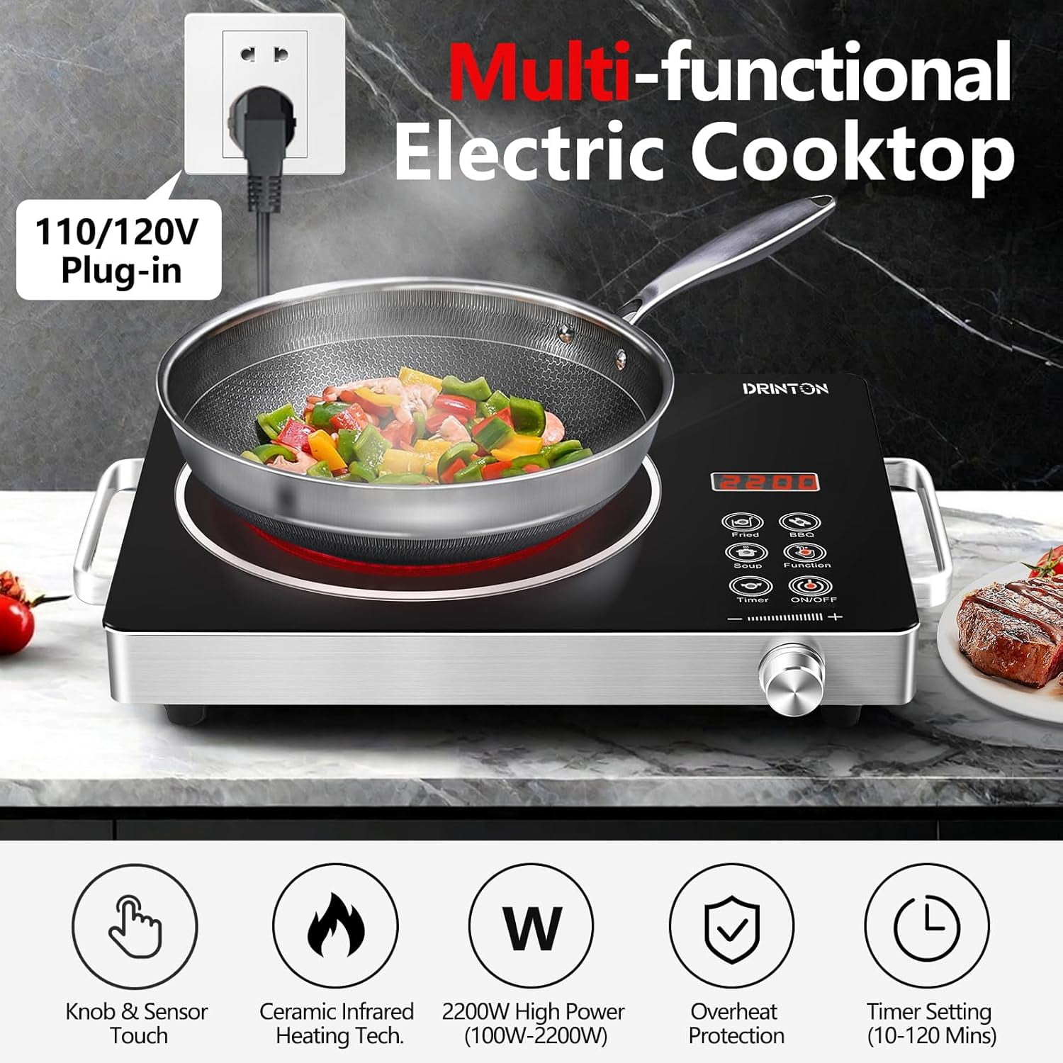 Electric Cooktop Hot Plate, 2200W 110V Electric Single Burner with 2H ...