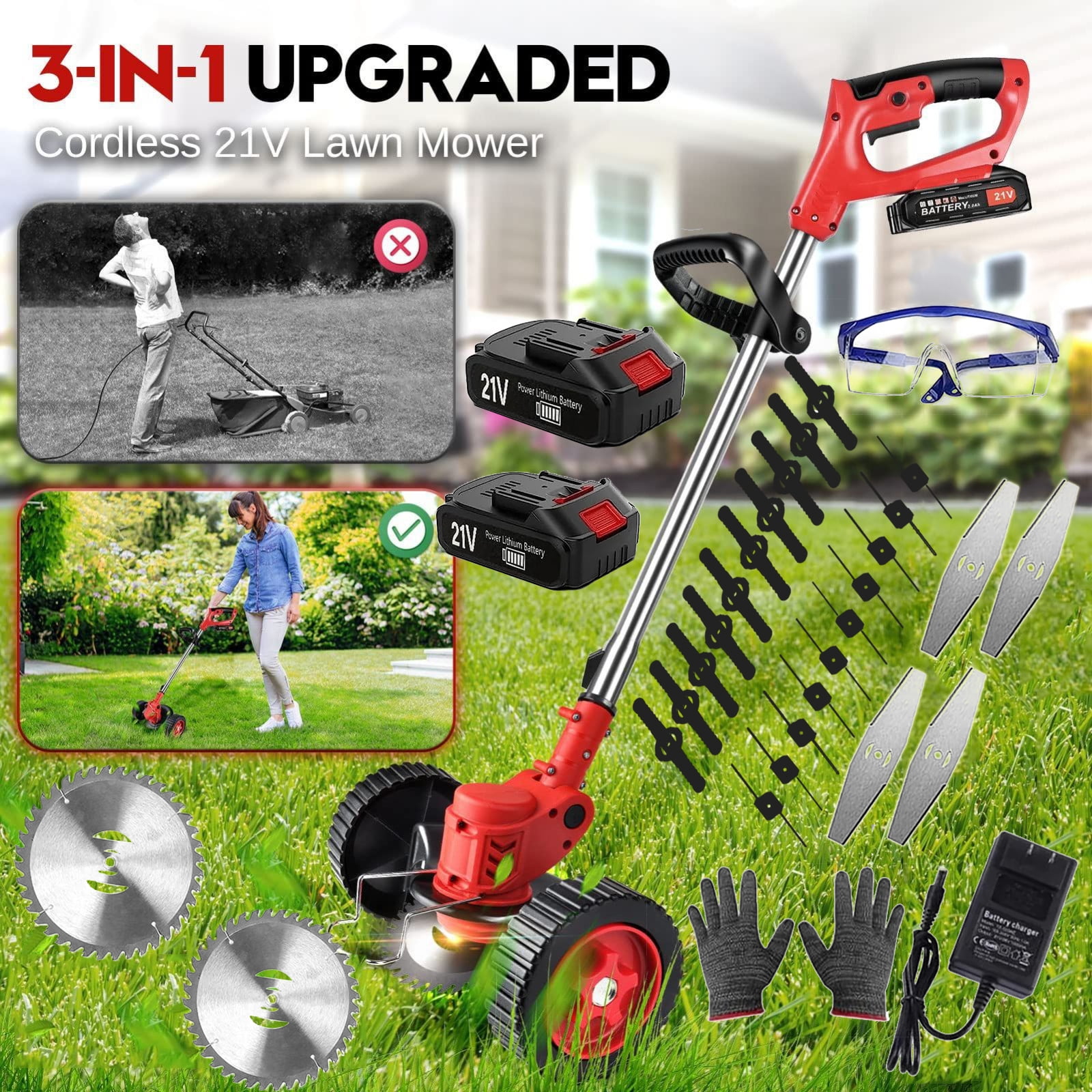 Qzgyoool Electric Cordless Grass Trimmer, Lightweight Brushless Lawn ...