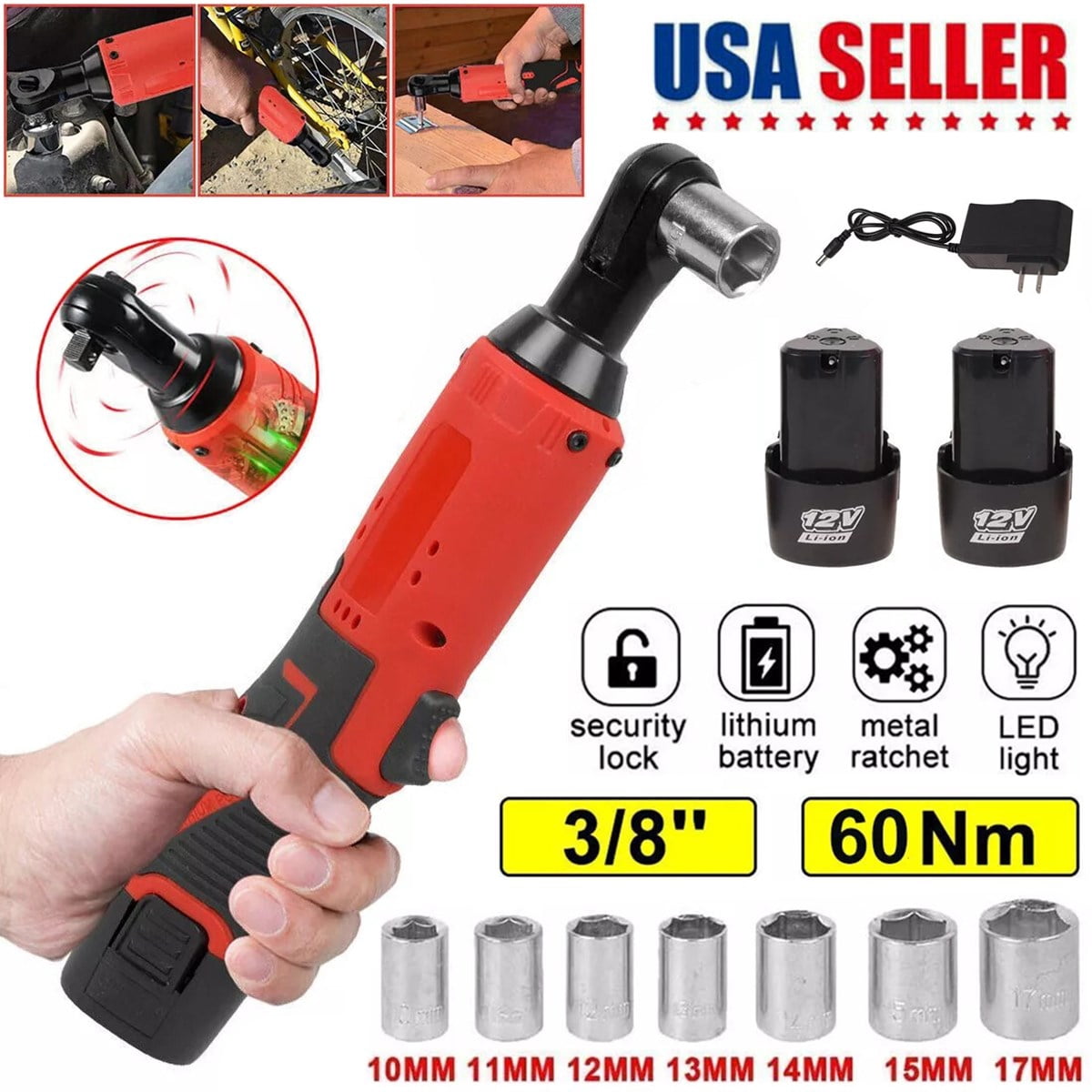 Electric Cordless Ratchet 3/8 Inch Right Angle Wrench Power Tool with 2 ...