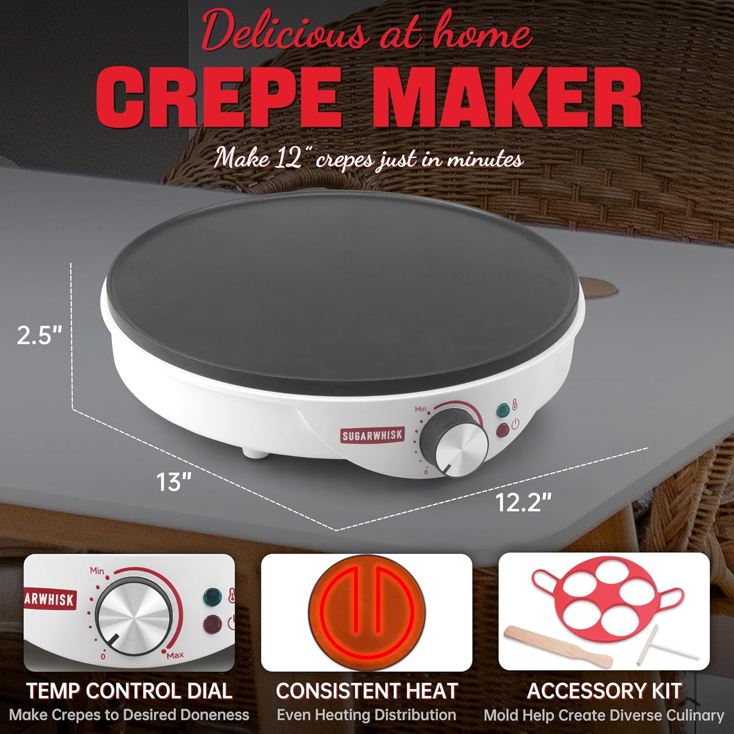 Electric Crepe Maker with 12 Inch Pan & 5x4" Silicone Molds, Pancake ...