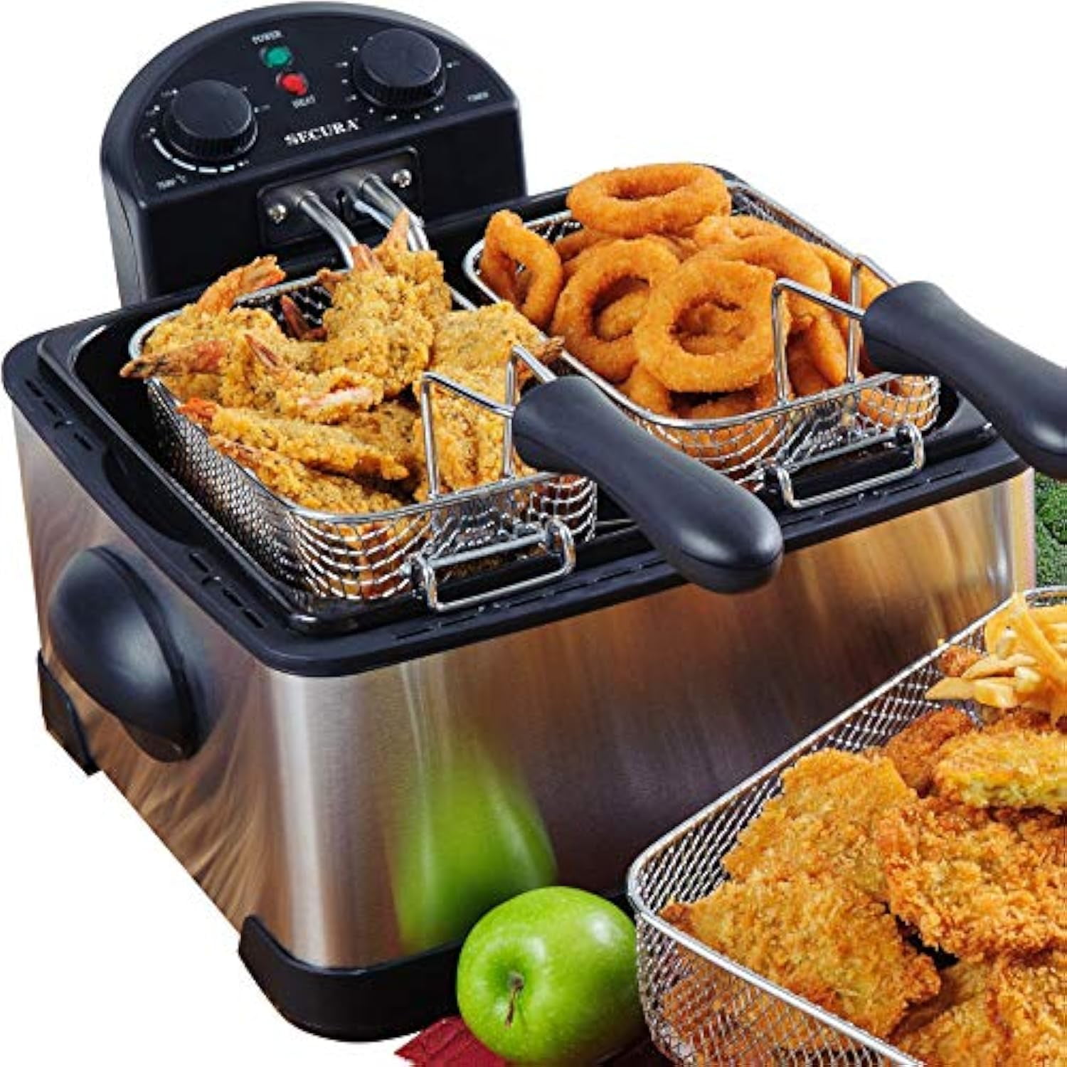 Electric Deep Fryer with Triple Basket & Timer - 1700W Stainless-Steel ...