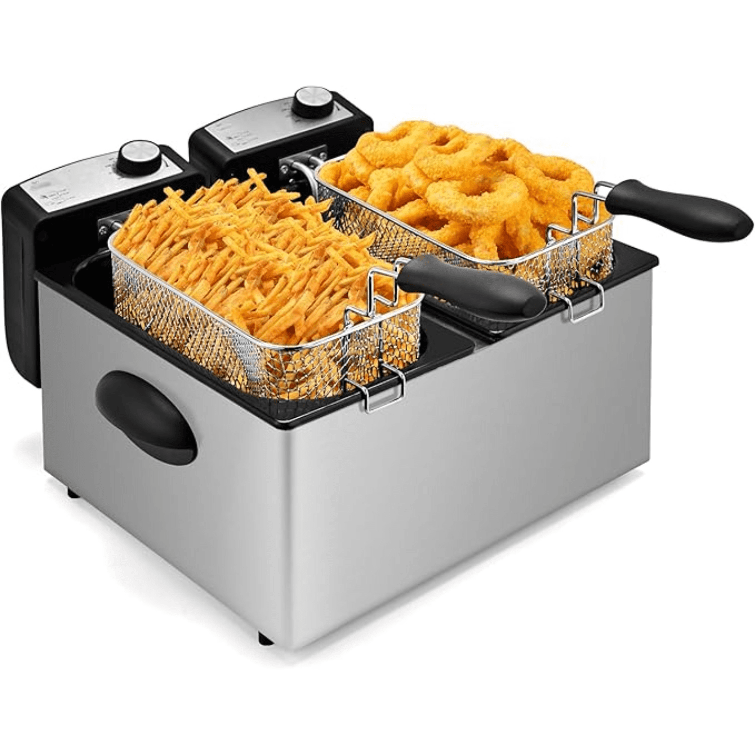 Electric Double Deep Fryer with 2 Baskets & Lids, 3L Stainless Steel ...