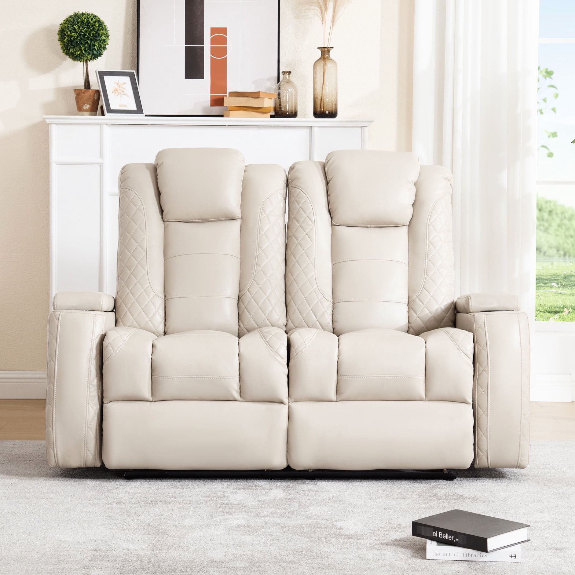 Electric Double Recliner In Beige With Hidden Arm Storage, Cup Holders ...