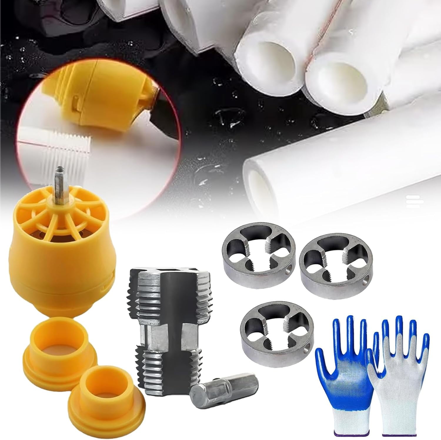 Electric Drill Compatible PVC Pipe Threader Kit with Various Die Sizes, PVC Thread Maker Tool ...