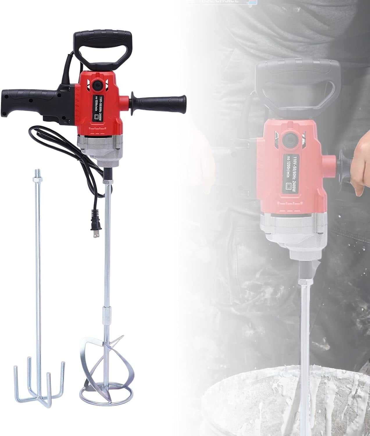 Electric Drill Mixer,2400W 1200rpm Concrete Mud Mixer with 2 Mixing ...