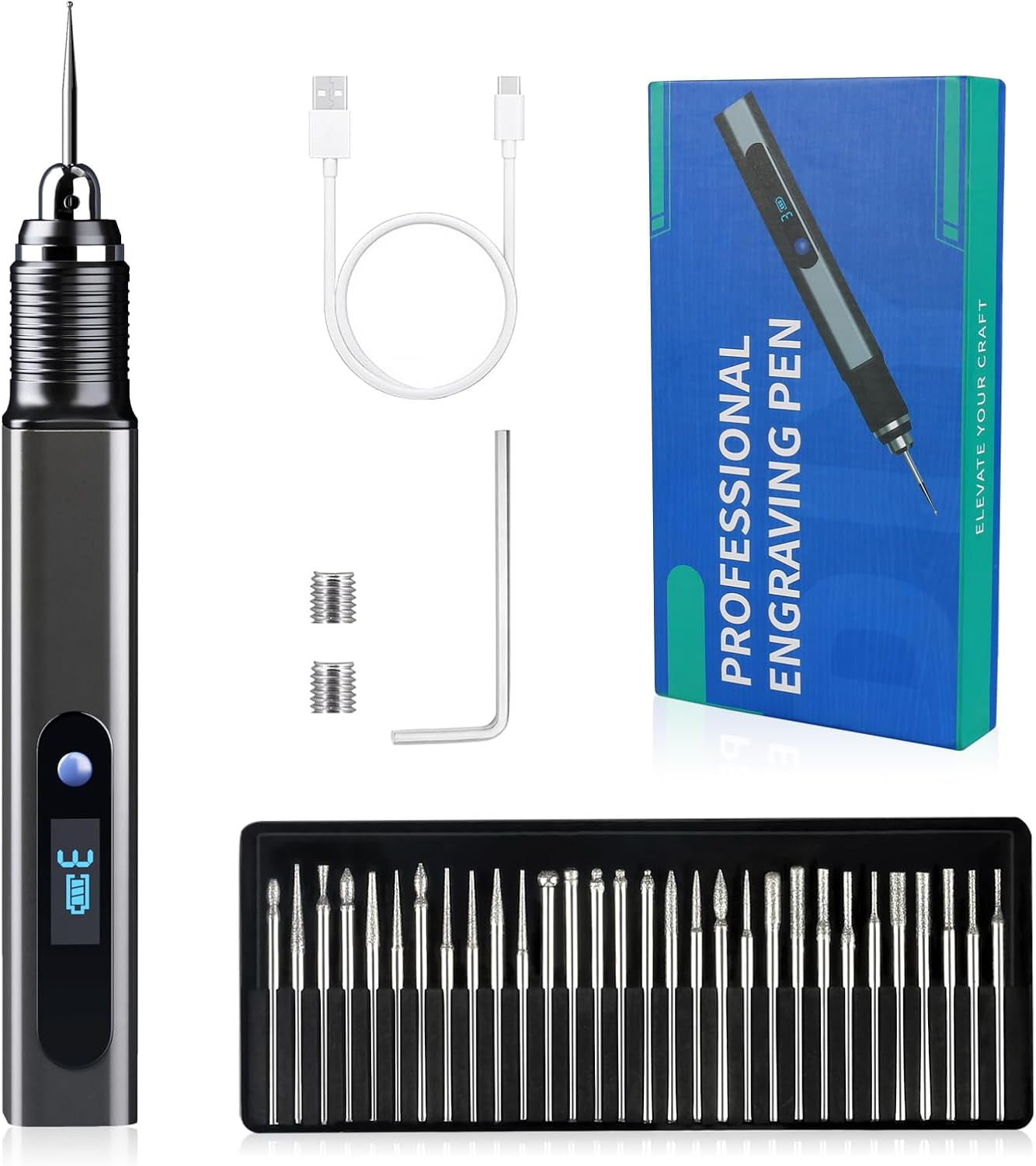 Electric Engraving Pen with 30 Bits, USB Rechargeable Cordless Etching ...