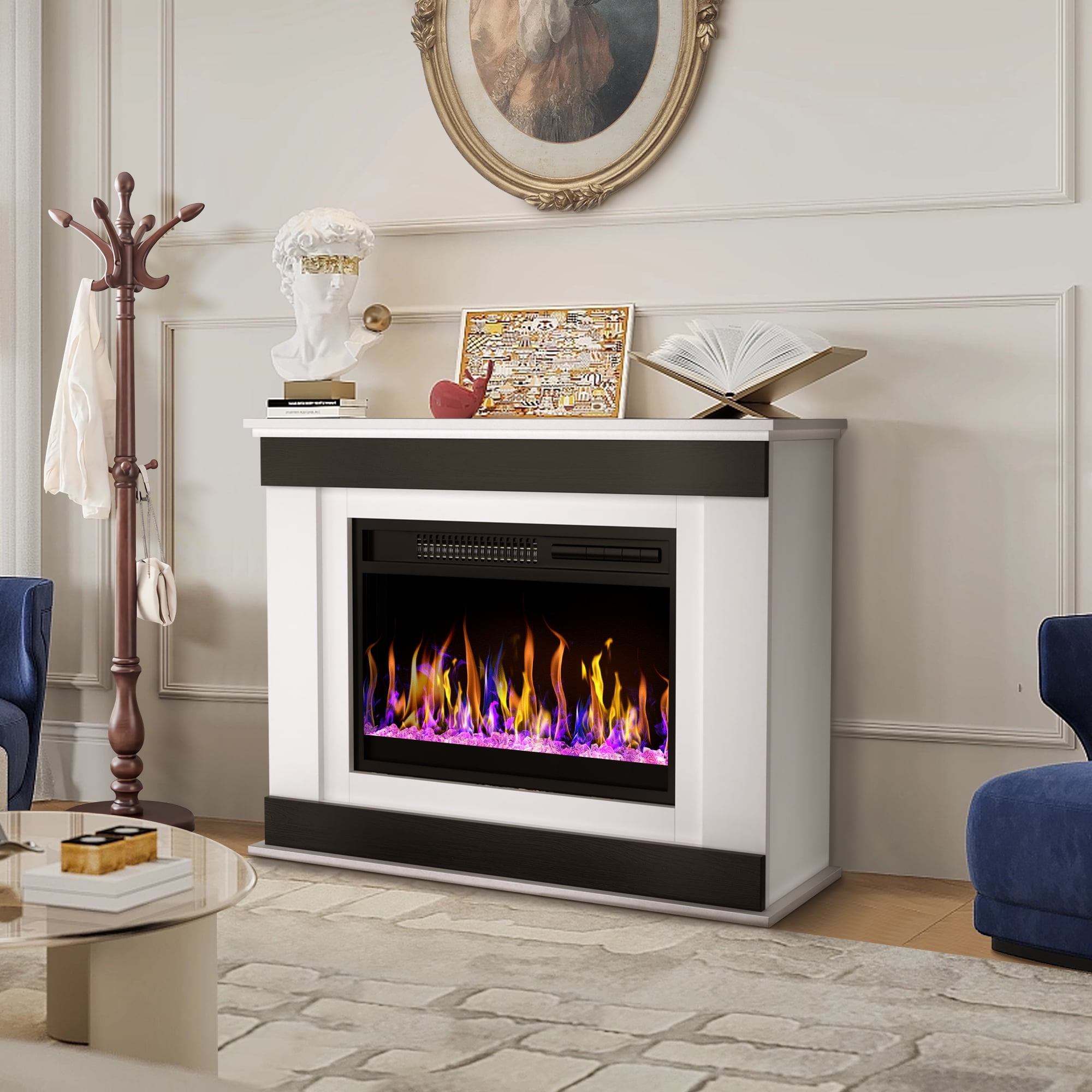 Electric Fireplace with 37" Mantel，White Freestanding Fireplace with 23 ...