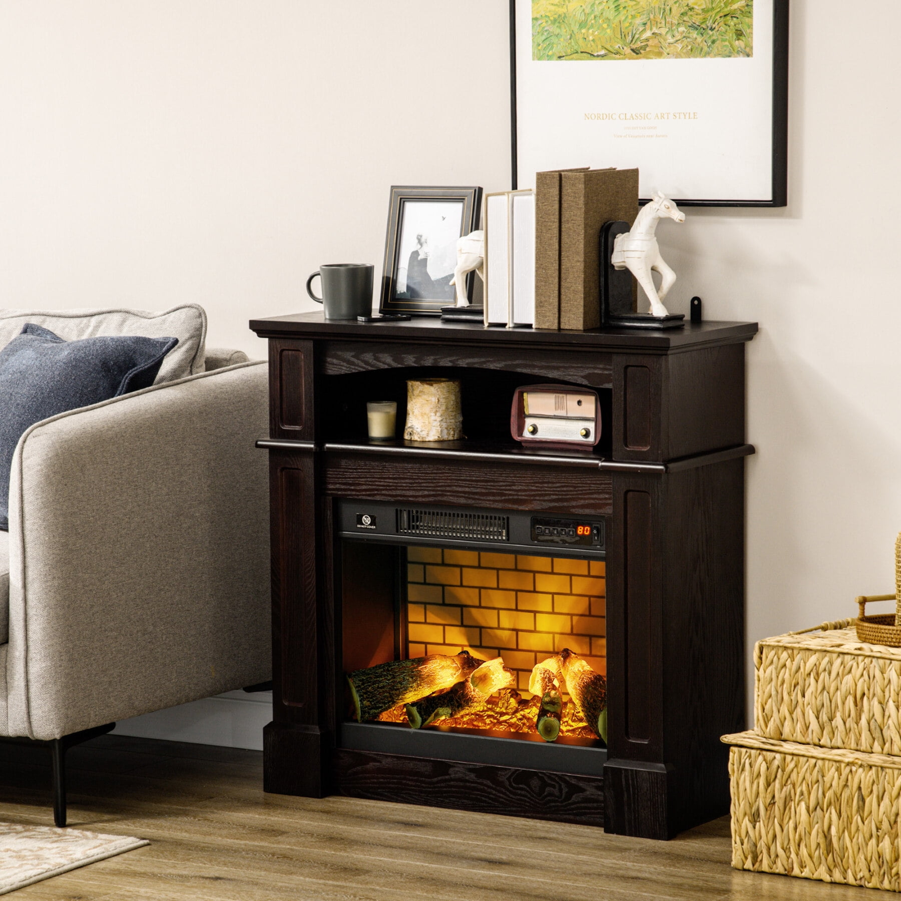 Electric Fireplace with Mantel, Freestanding Heater with Storage Shelf ...